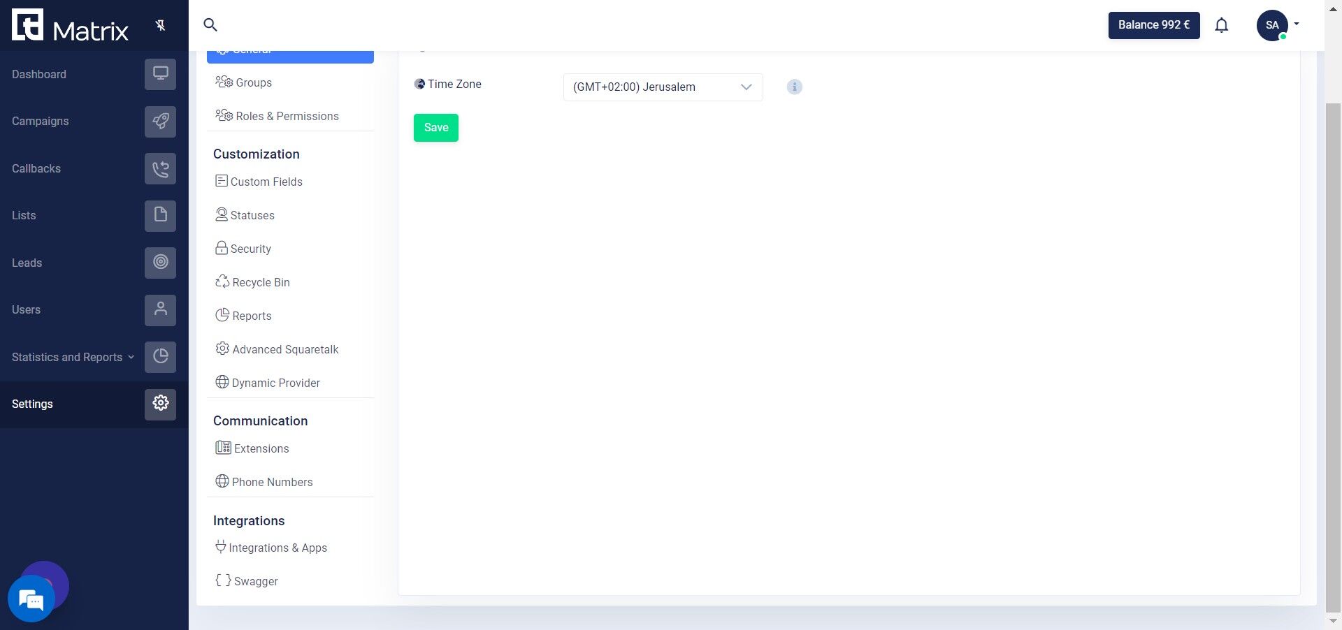 Matrix Settings - Integrations