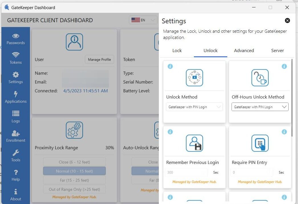 How to set unlock methods for off-hours. – GateKeeper
