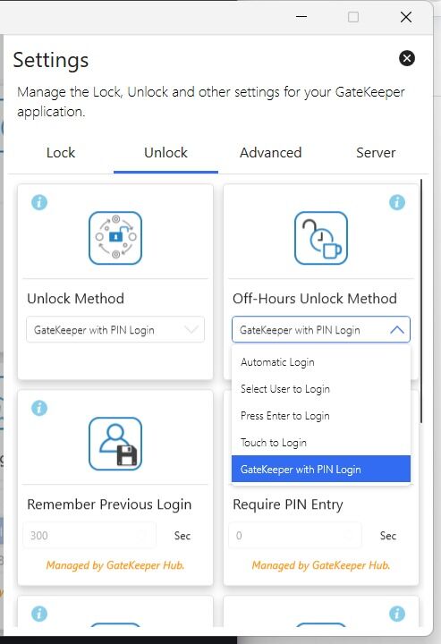 How to set unlock methods for off-hours. – GateKeeper