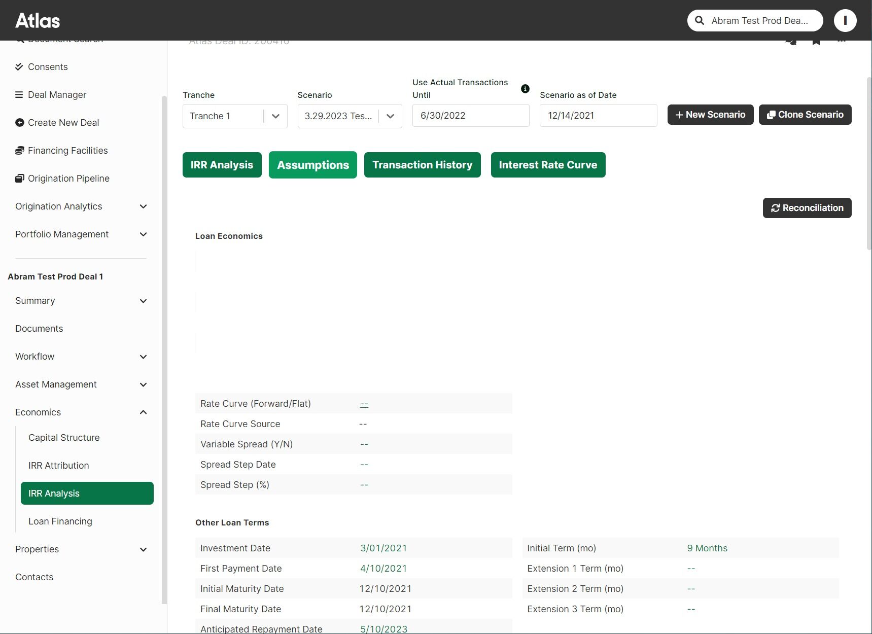 Set a forward rate curve for an asset IRR scenario