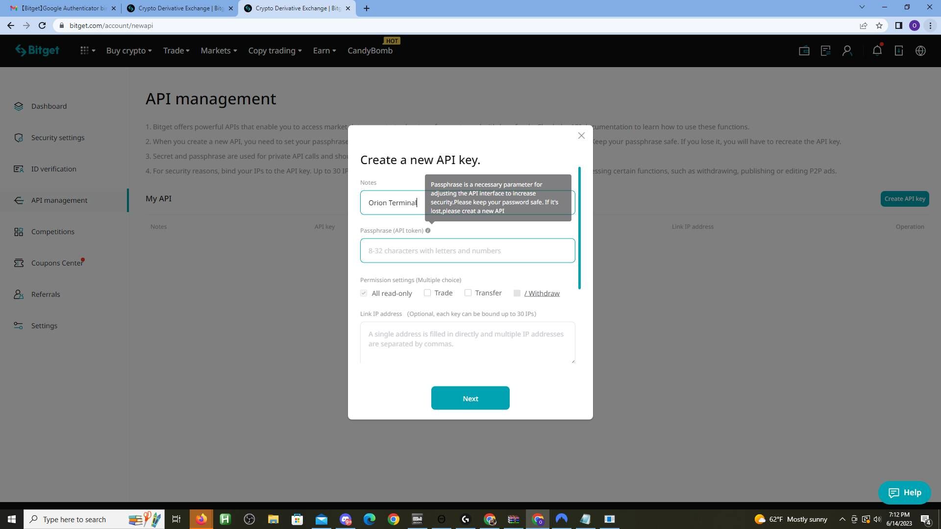 Bitget (BETA) Account and API Key Creation - Orion Terminal