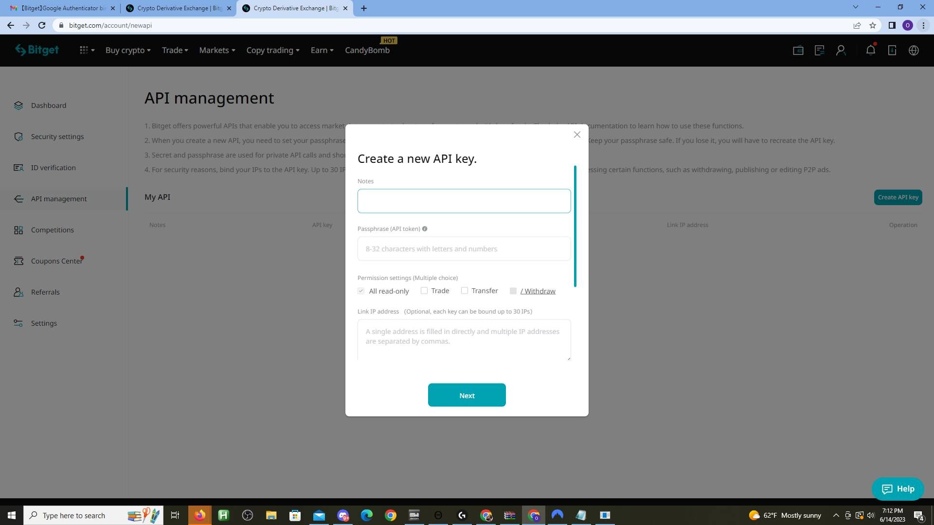Bitget (BETA) Account and API Key Creation - Orion Terminal