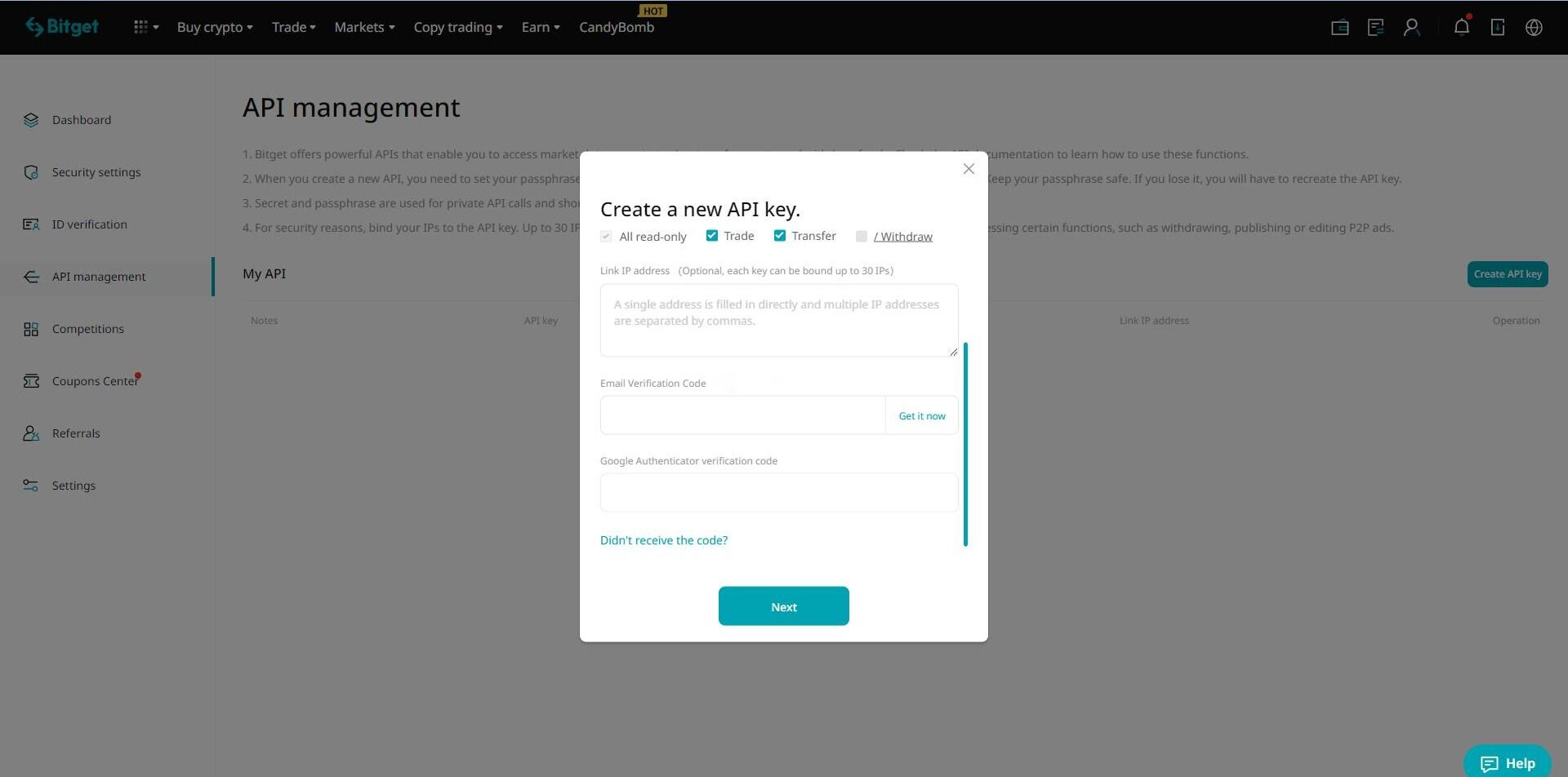Bitget (BETA) Account and API Key Creation - Orion Terminal