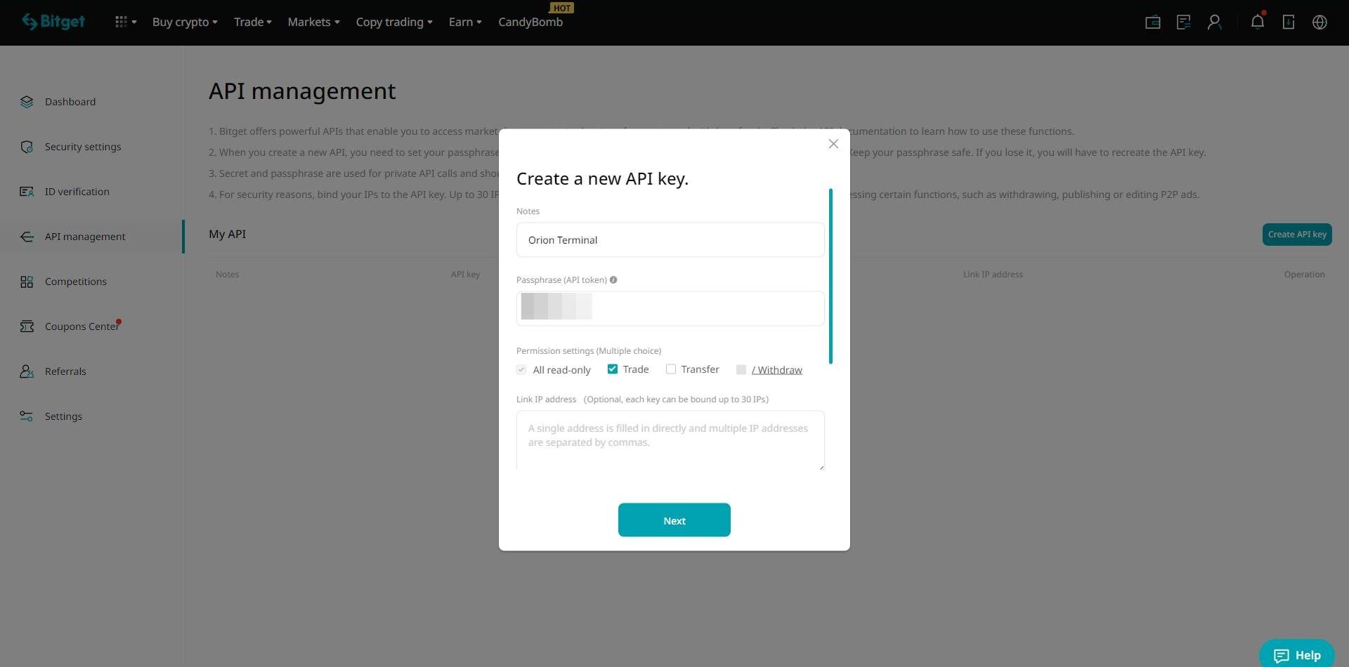 Bitget (BETA) Account and API Key Creation - Orion Terminal