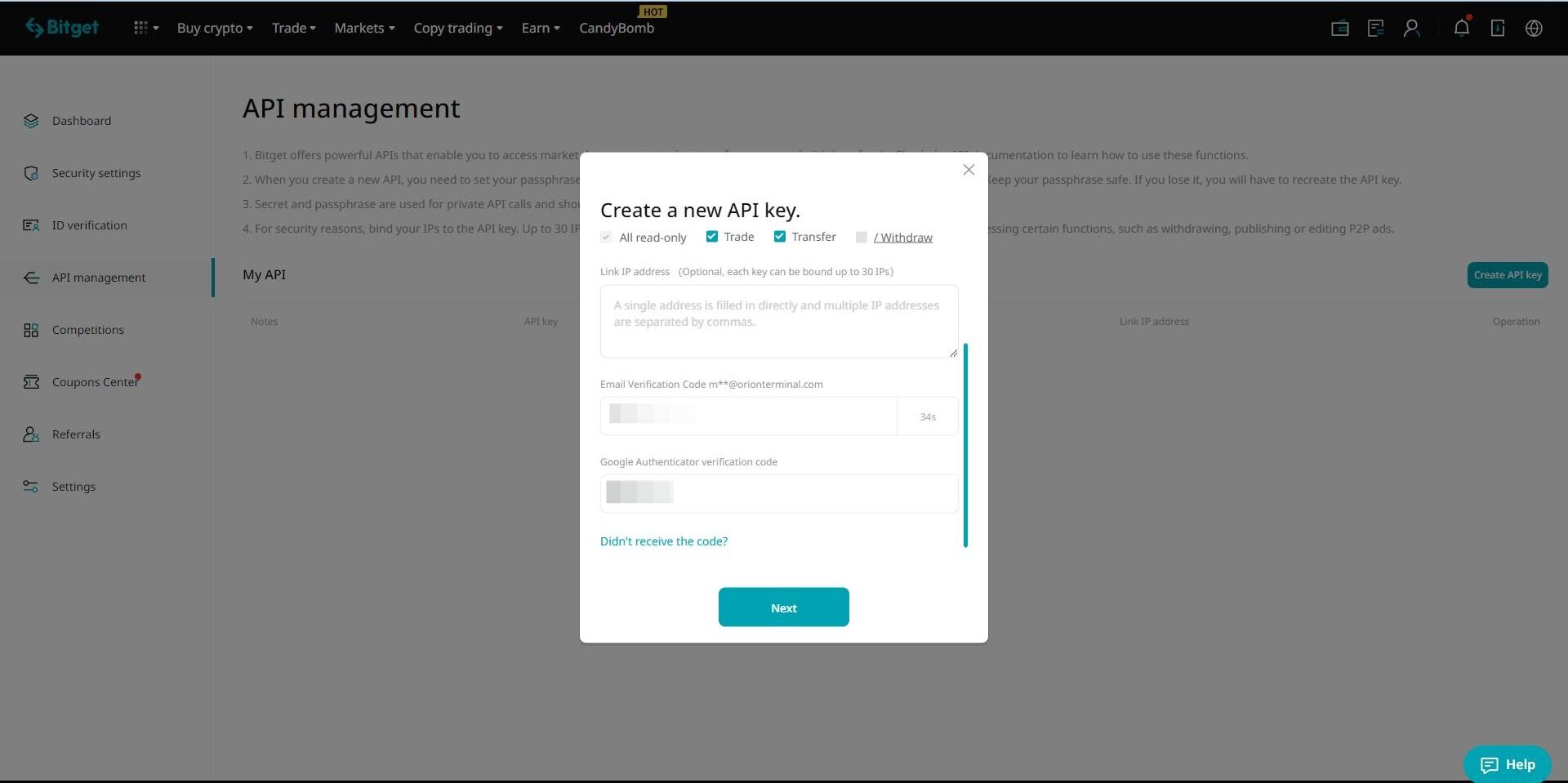 Bitget (BETA) Account and API Key Creation - Orion Terminal