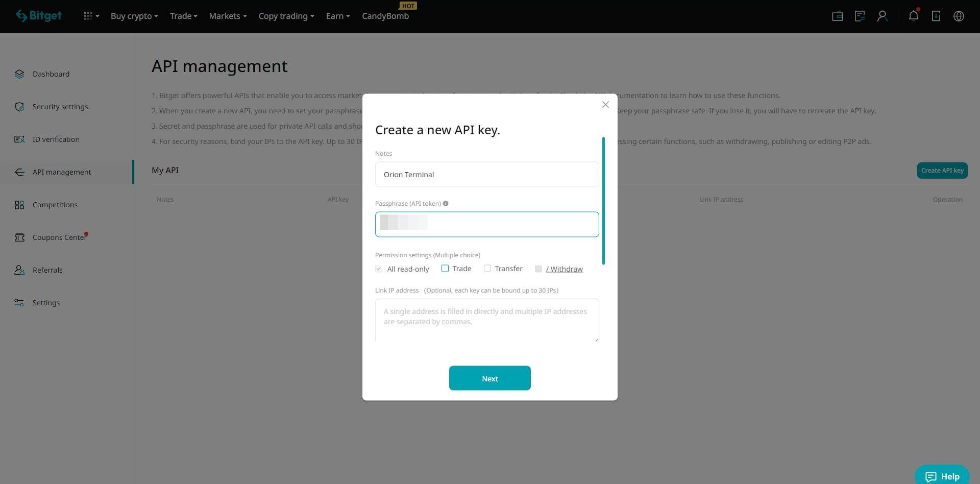 Bitget (BETA) Account and API Key Creation - Orion Terminal