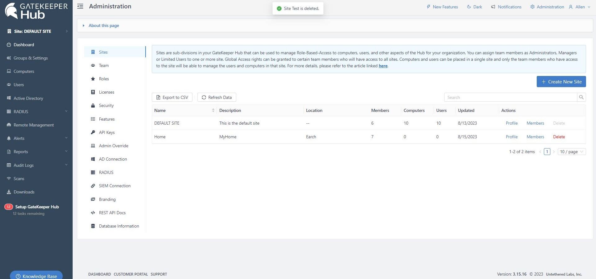 How to delete the existing Site in the GateKeeper Hub. – GateKeeper