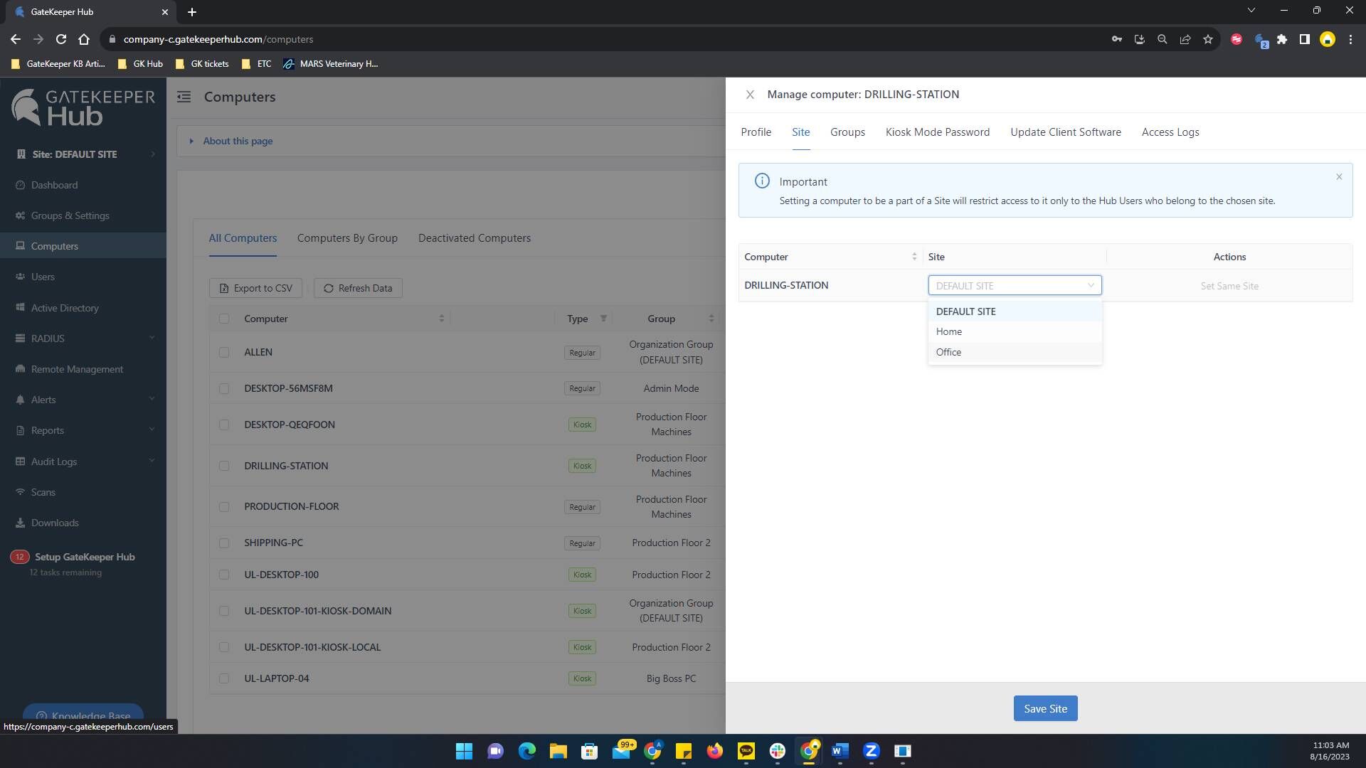 How to change the computer's Site. – GateKeeper