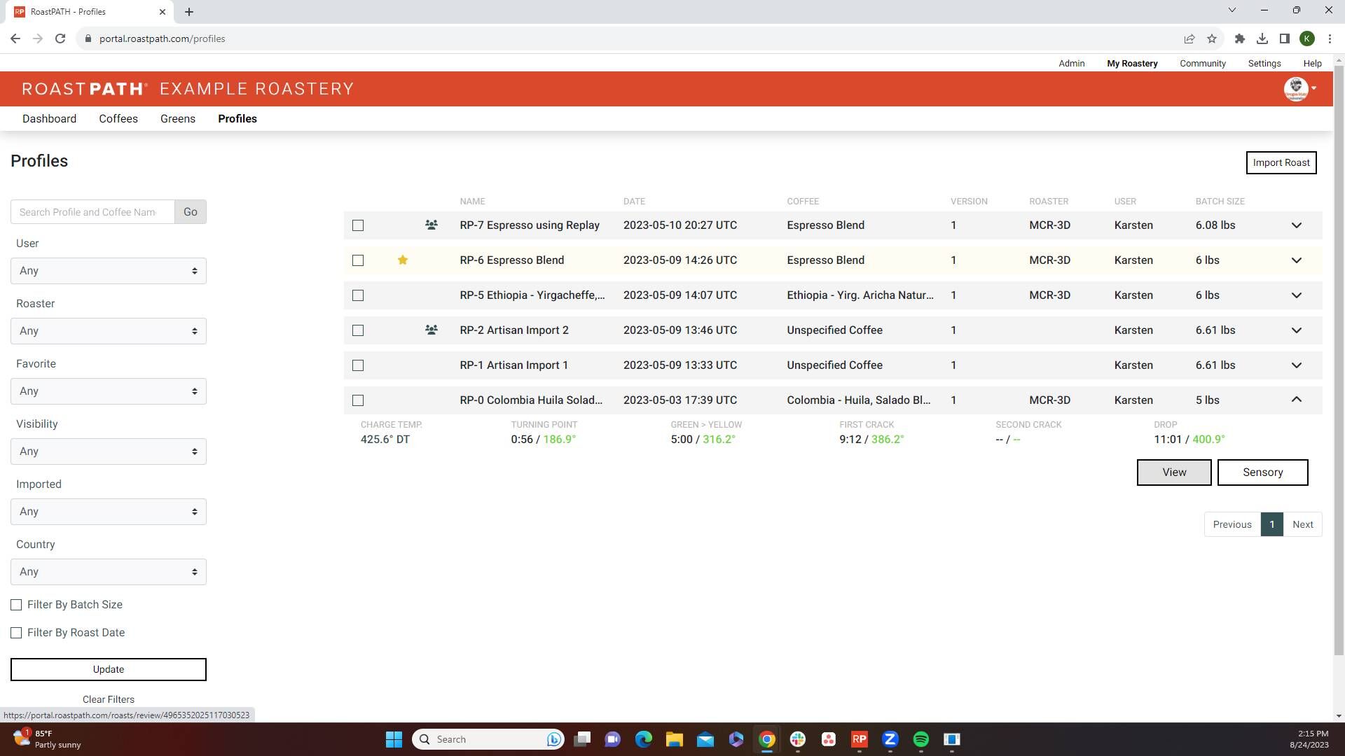 Viewing Saved Profiles – RoastPATH