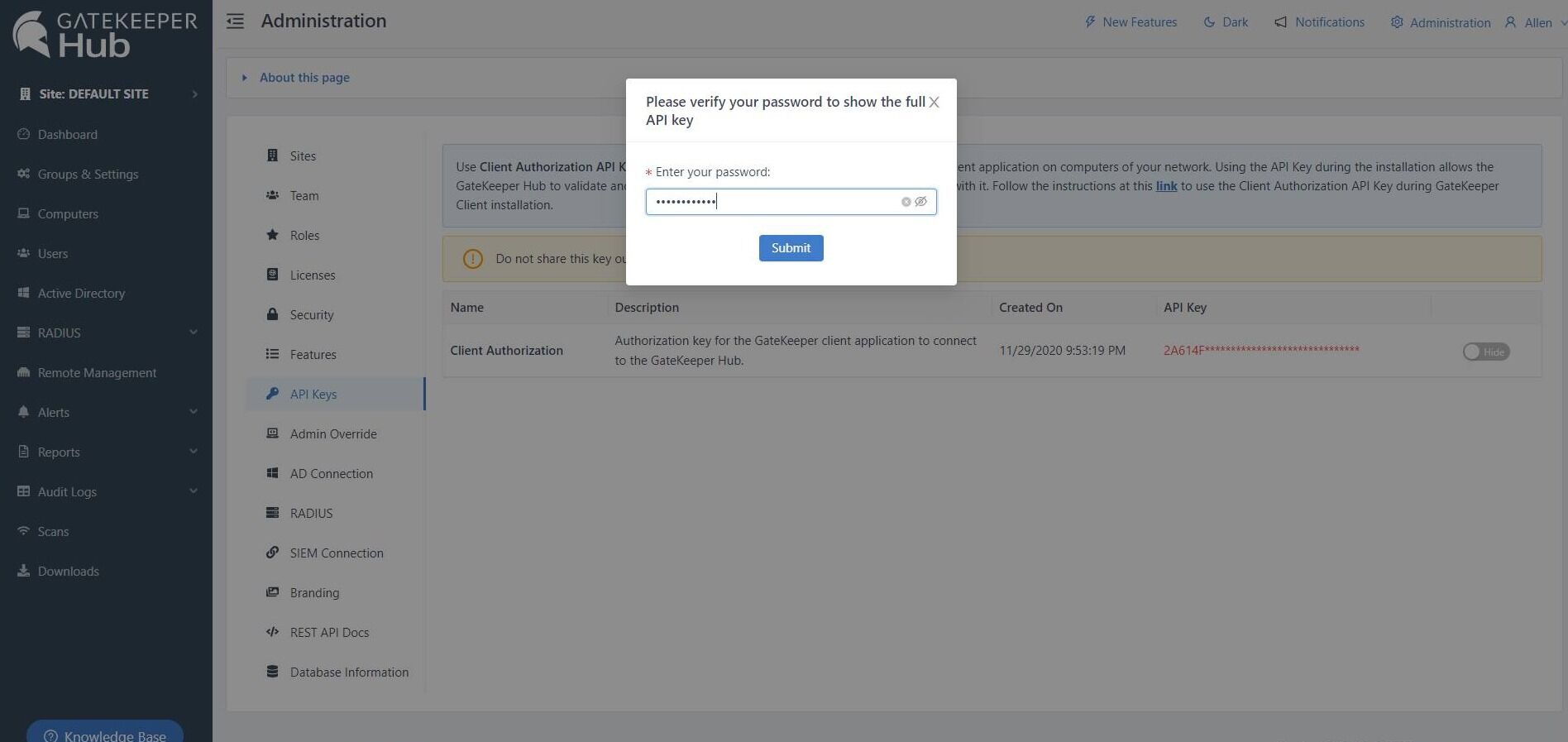 How to find my GateKeeper Client API Key. – GateKeeper