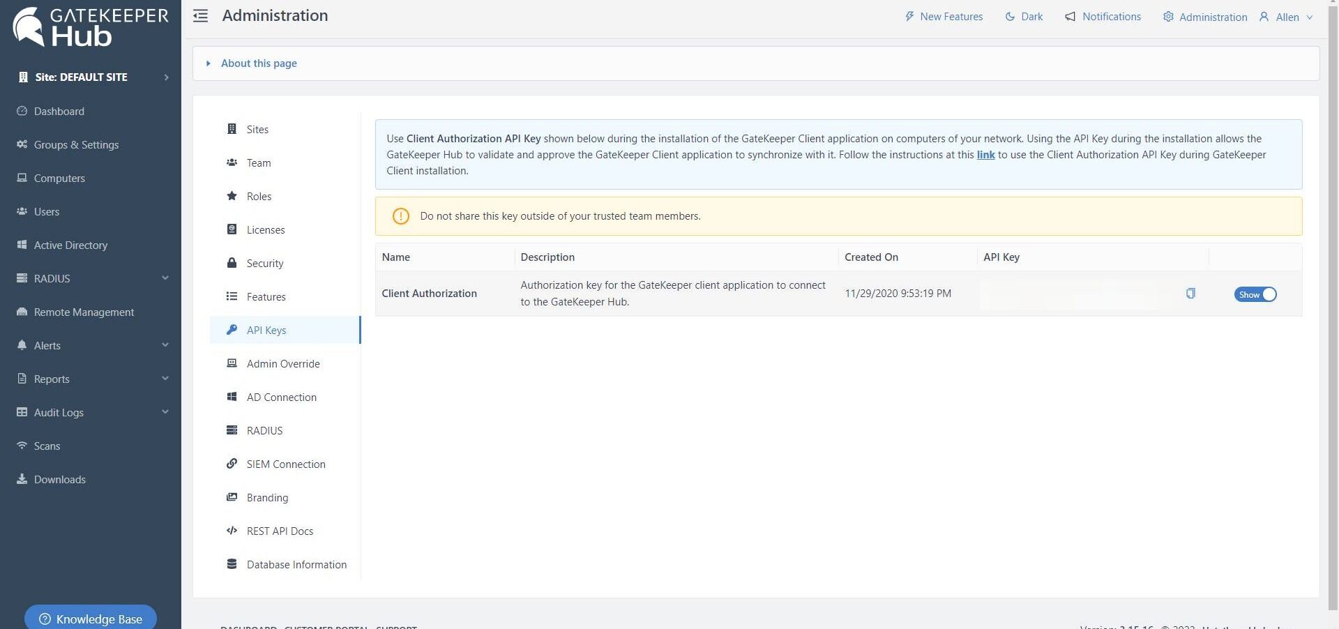 How to find my GateKeeper Client API Key. – GateKeeper
