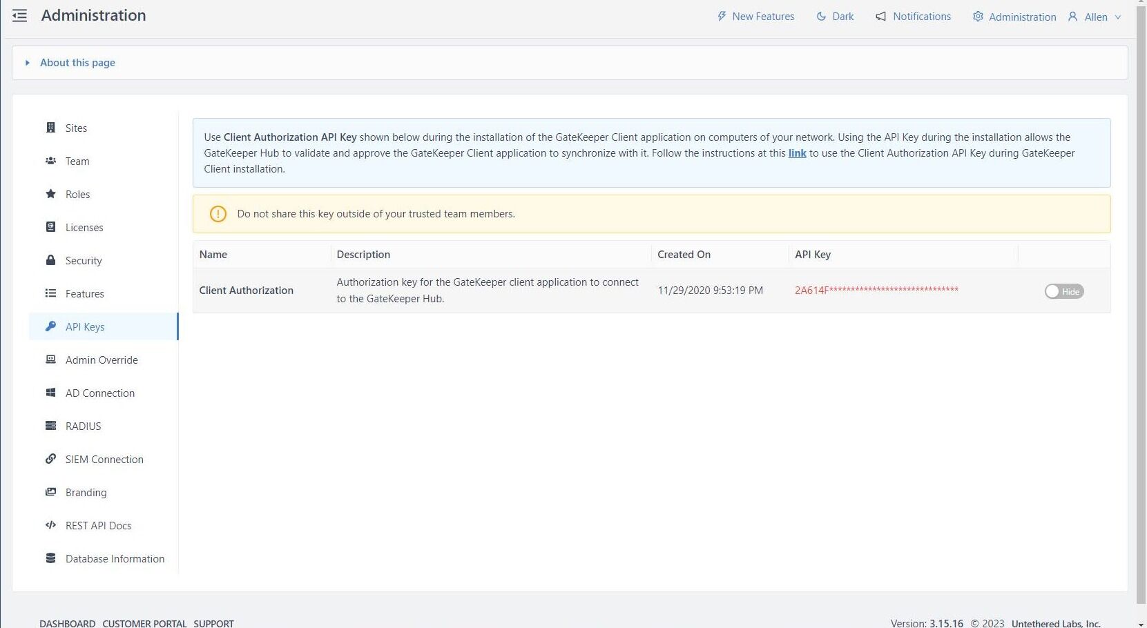 How to find my GateKeeper Client API Key. – GateKeeper