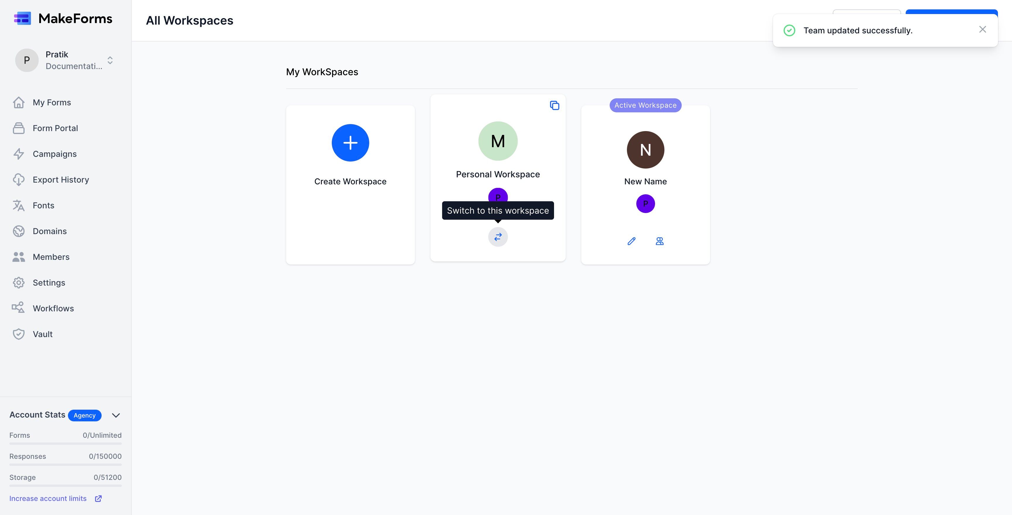 Creating & Switching WorkSpaces in MakeForms - MakeForms