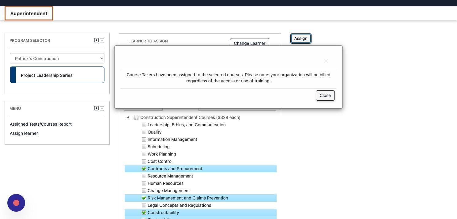 Facilitator: Assigning a Learner to a Construction Superintendent Certification Program ...