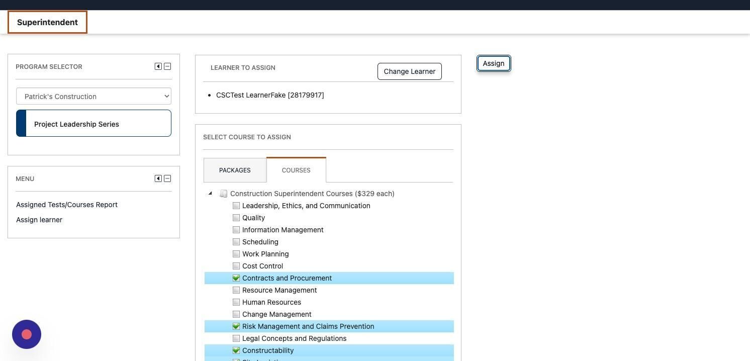 Facilitator: Assigning a Learner to a Construction Superintendent Certification Program ...