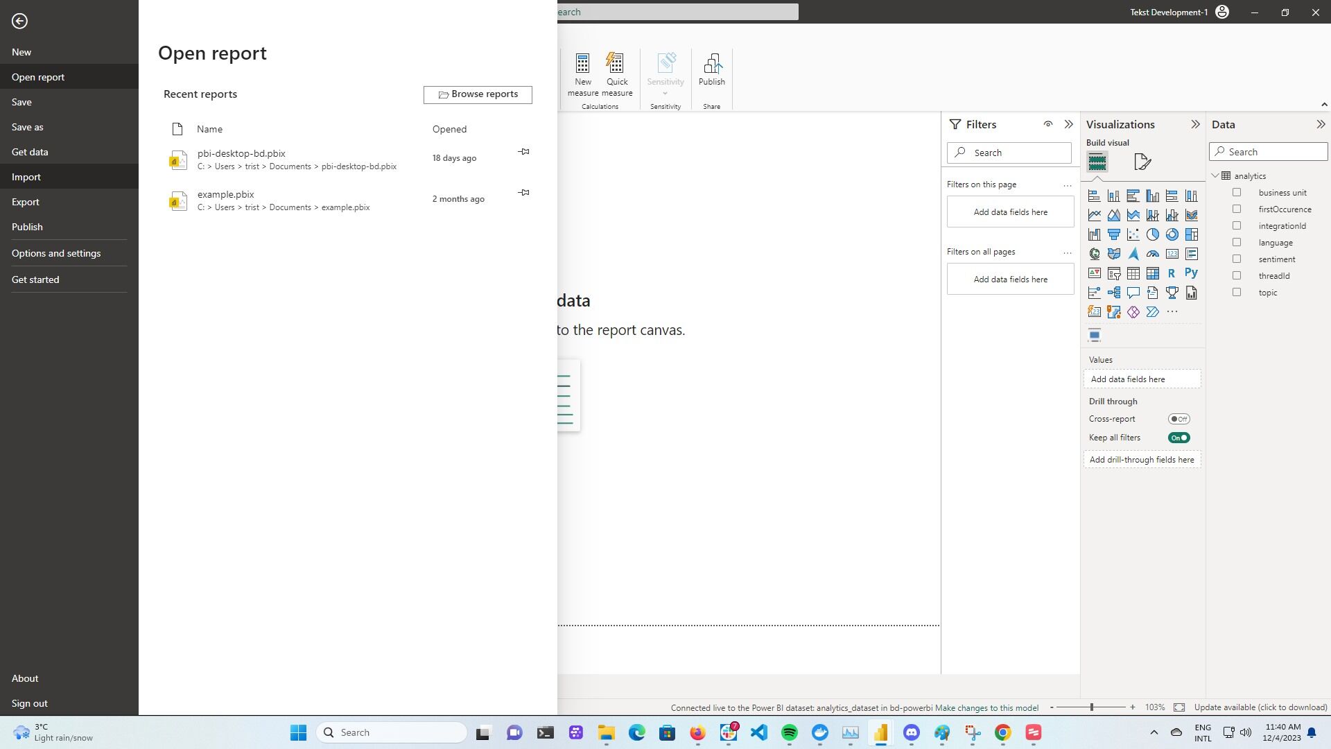 Load the Tekst example report template – Tekst