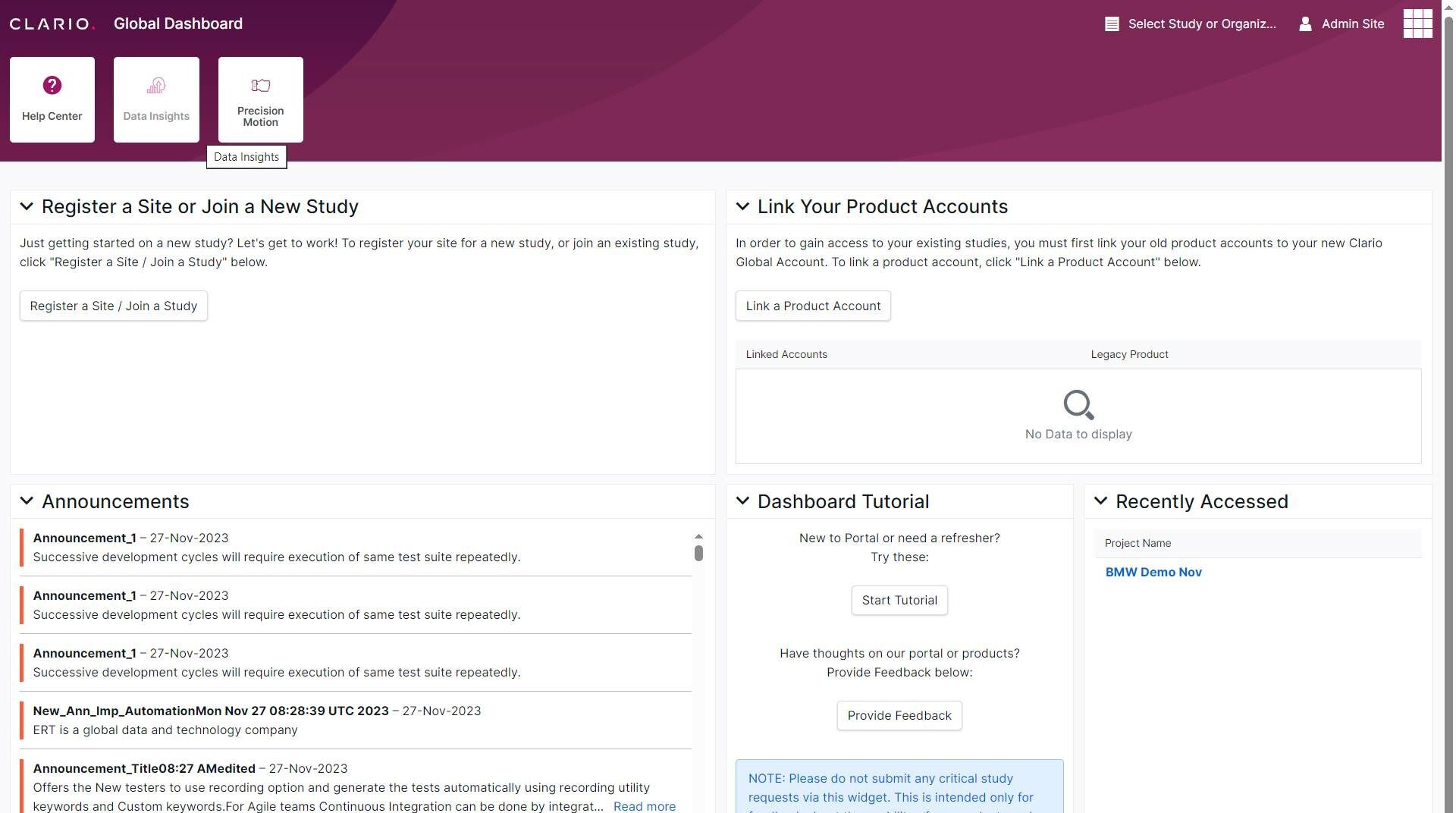How do I effectively navigate the Clario Global Dashboard?