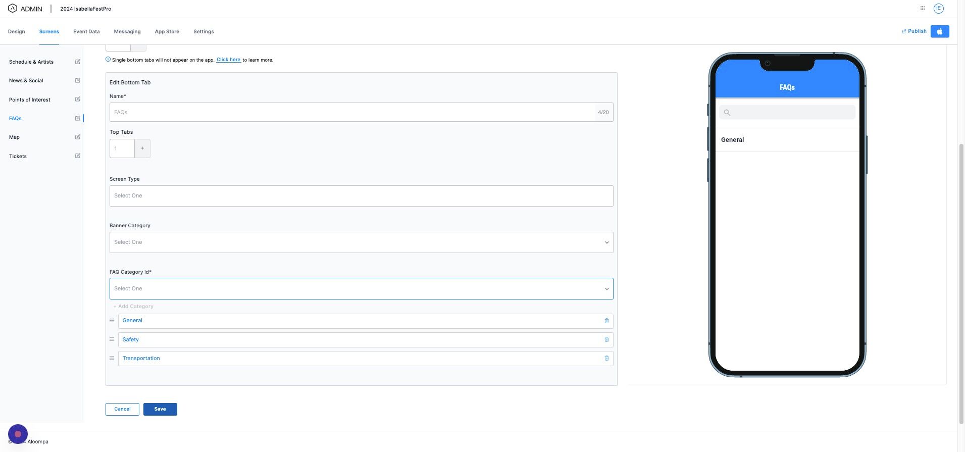 Screens: How to Add FAQ Categories - Aloompa Knowledge Base