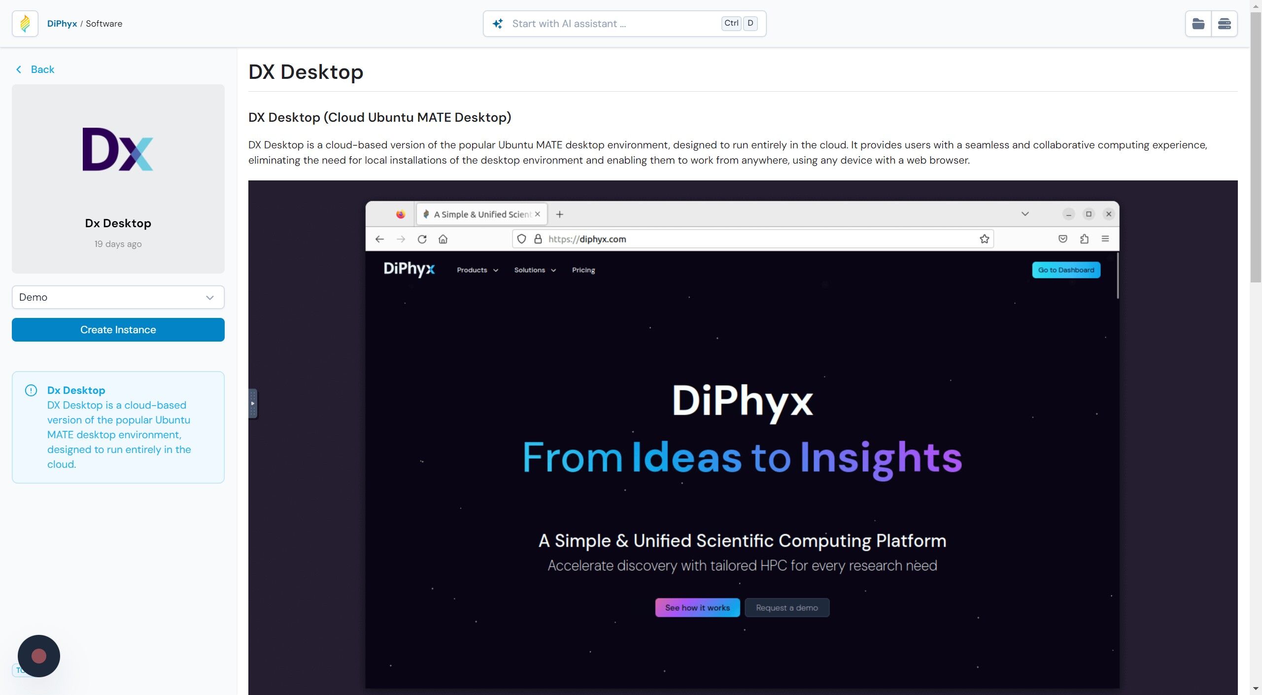 Creating a DX Desktop Instance - DiPhyx