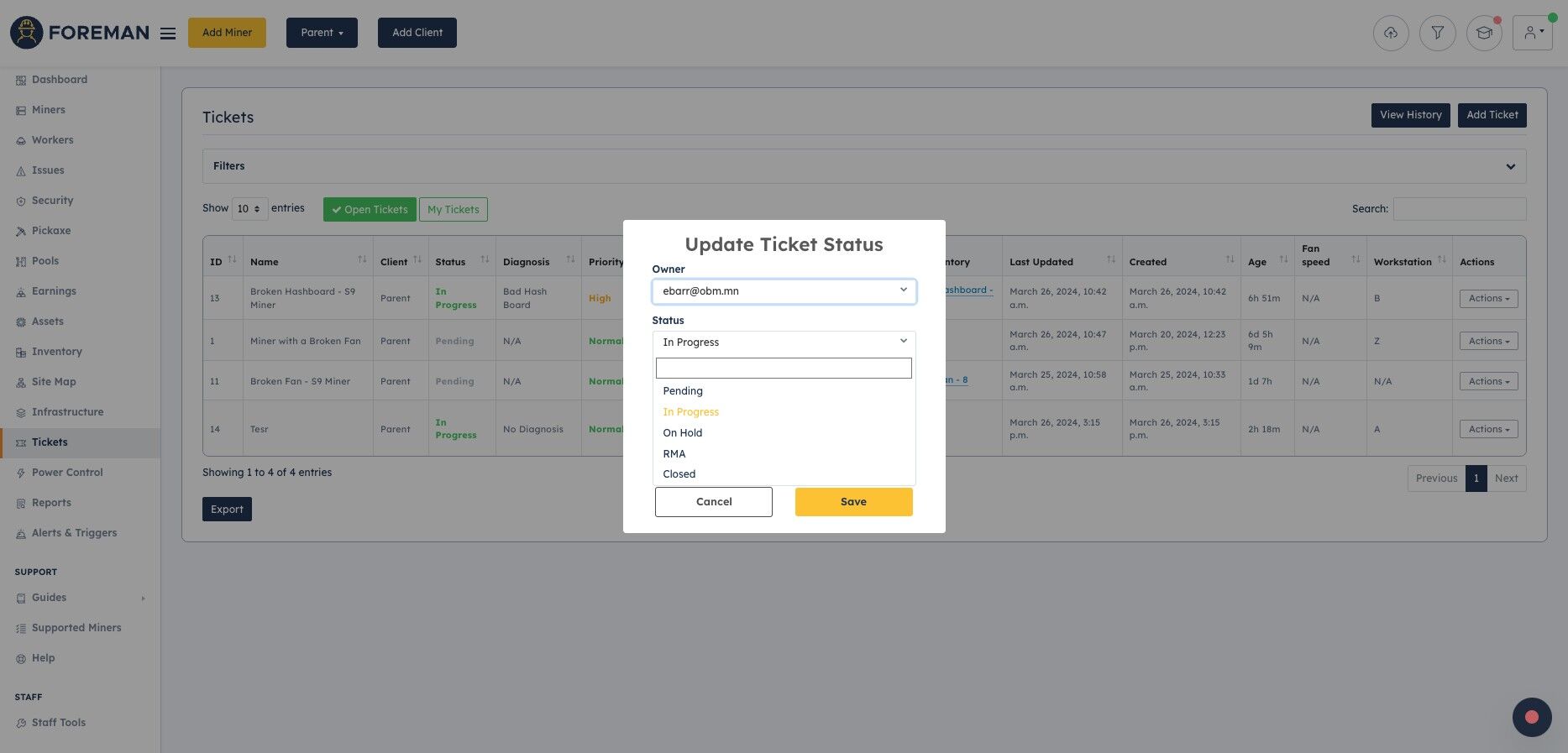 How To: Change The Status Of A Ticket – OBM