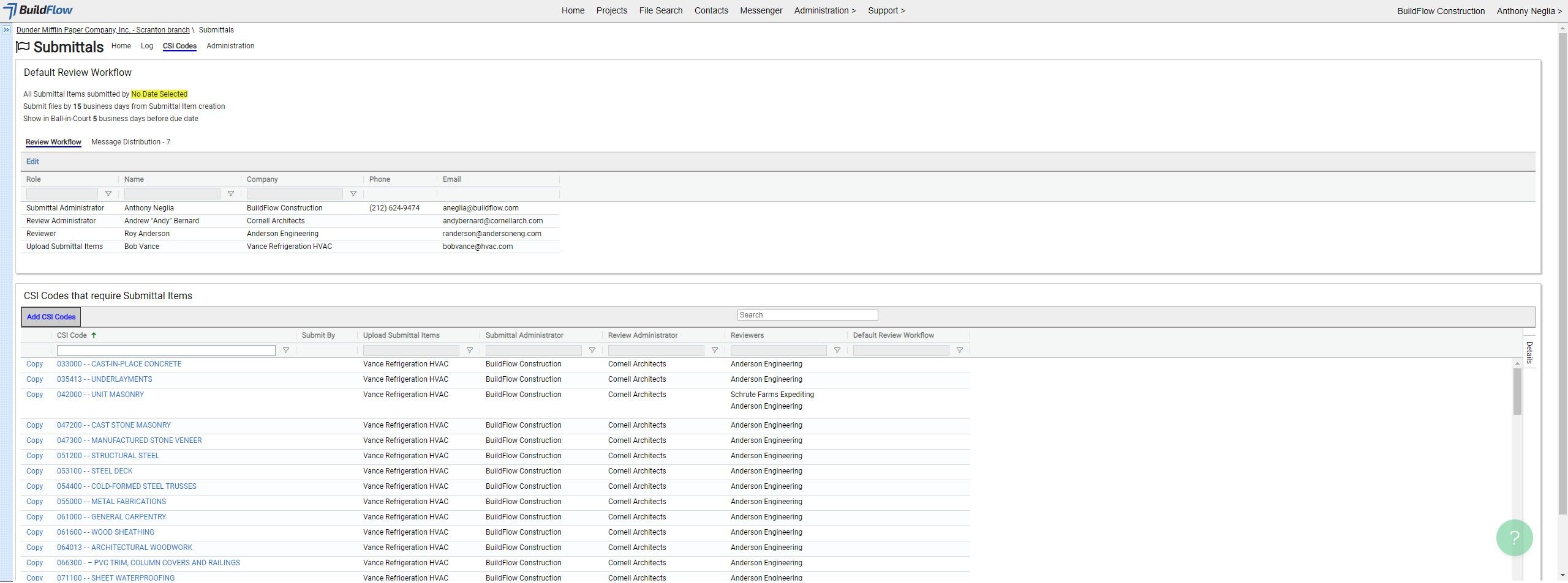 Adding CSI Codes that Require Submittal Items - BuildFlow