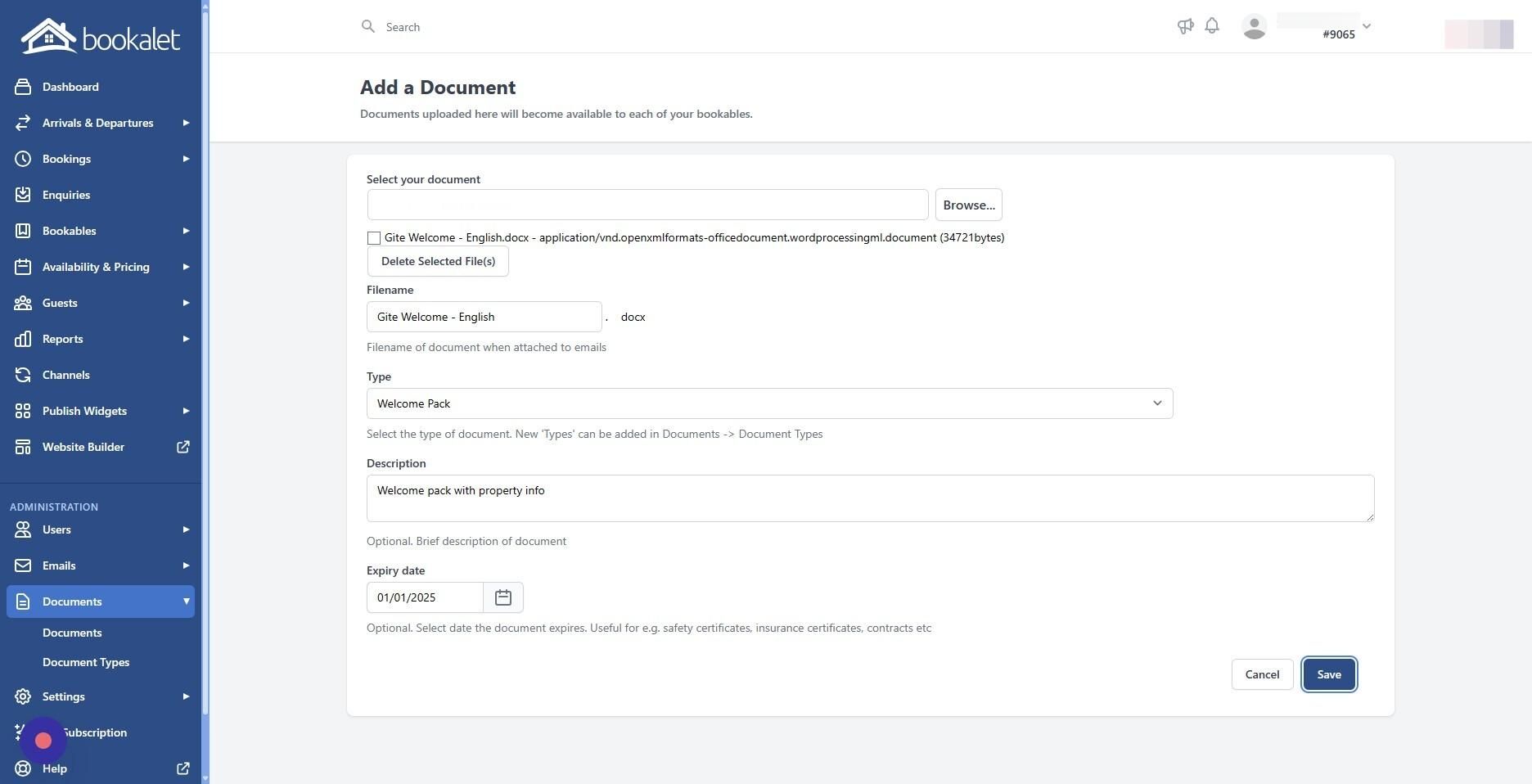 How to add a New Document and manage existing documents - Bookalet
