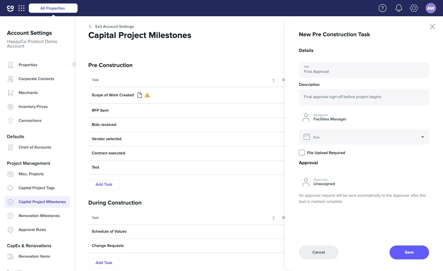 Default Capital Project Milestones – HappyCo