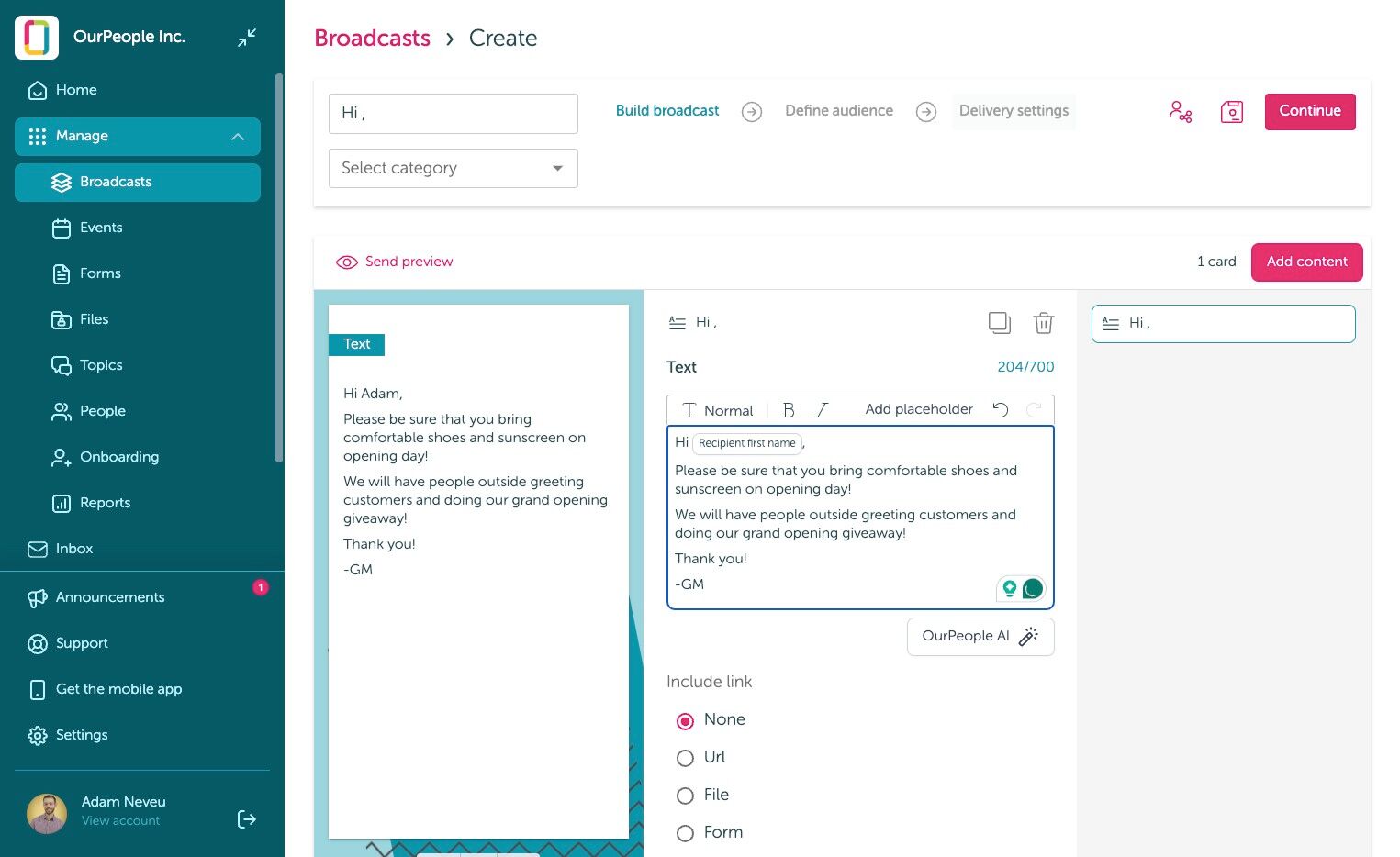 SMS Delivery Preview – OurPeople