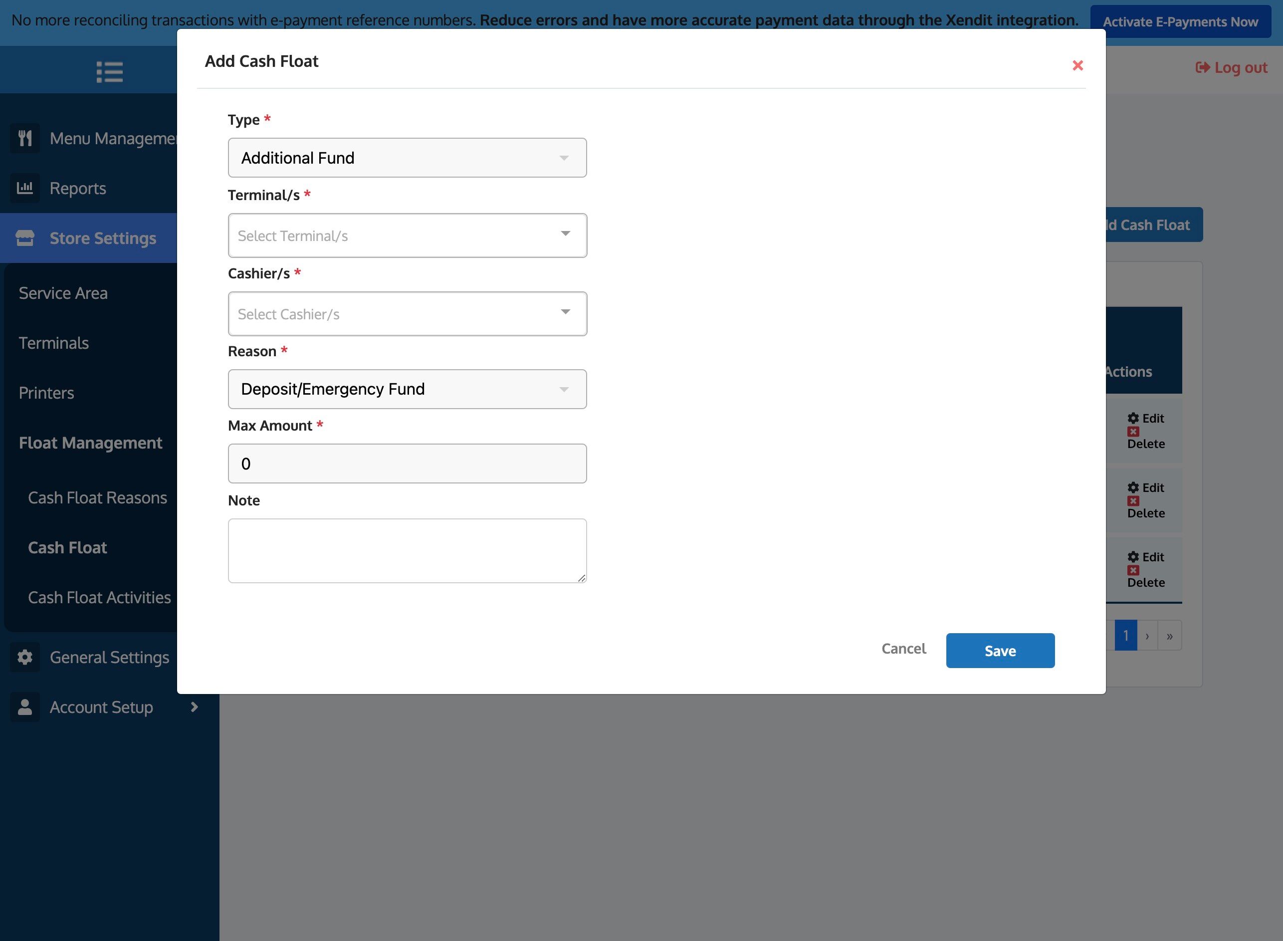 Remotely Add Cash Float to POS (Back Office)