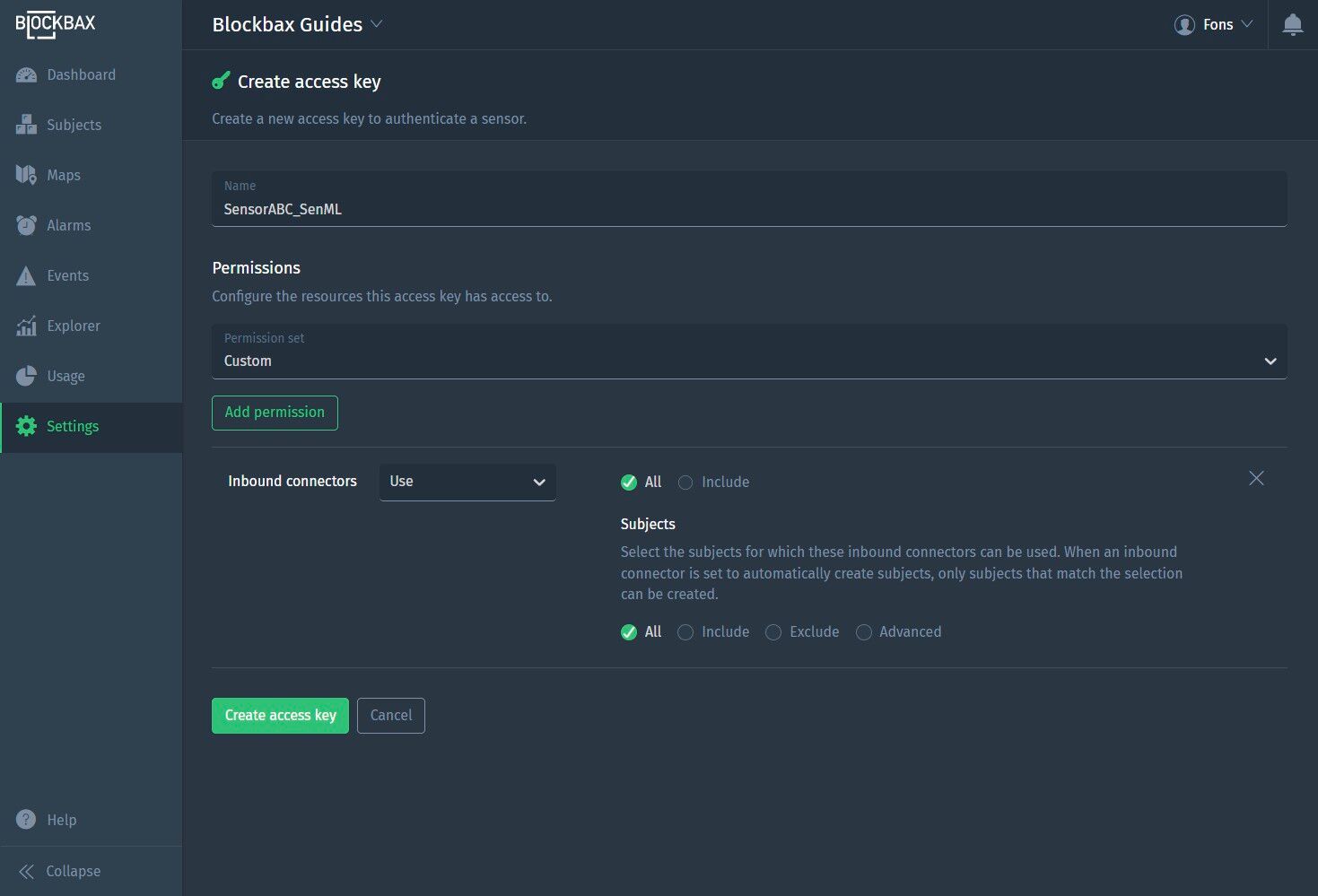 Creating an Access key | Blockbax