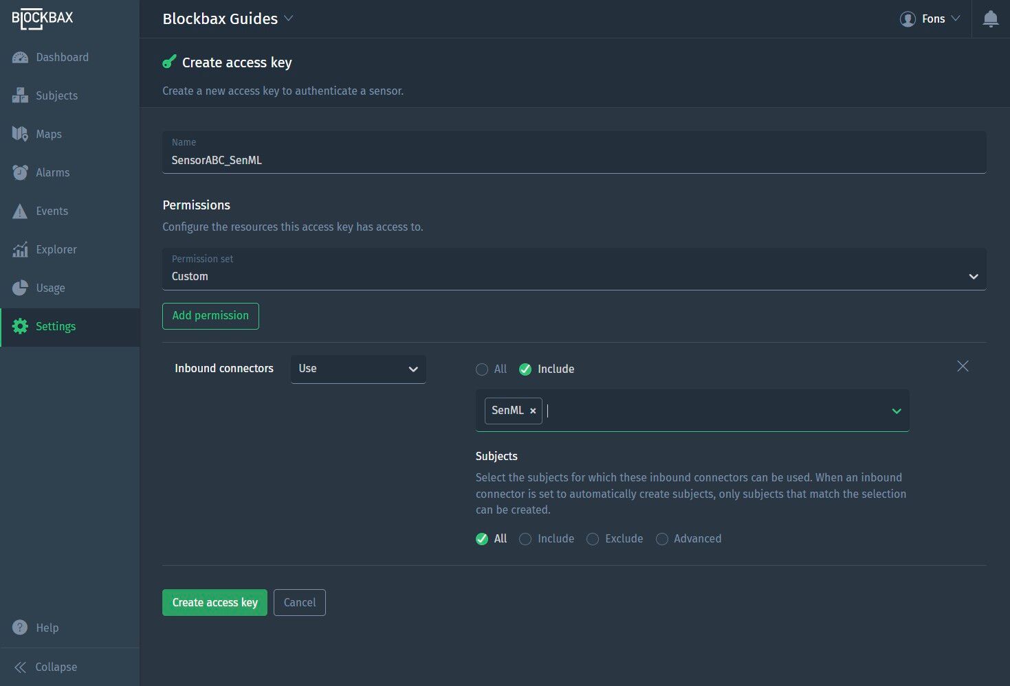 Creating an Access key | Blockbax