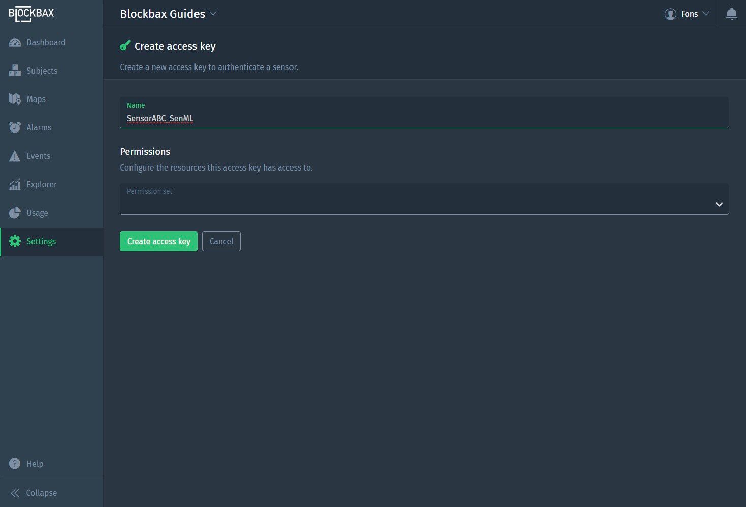 Creating an Access key | Blockbax