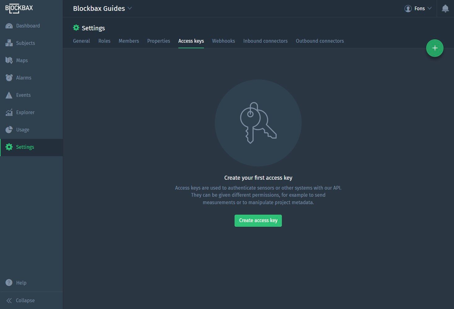 Creating an Access key | Blockbax