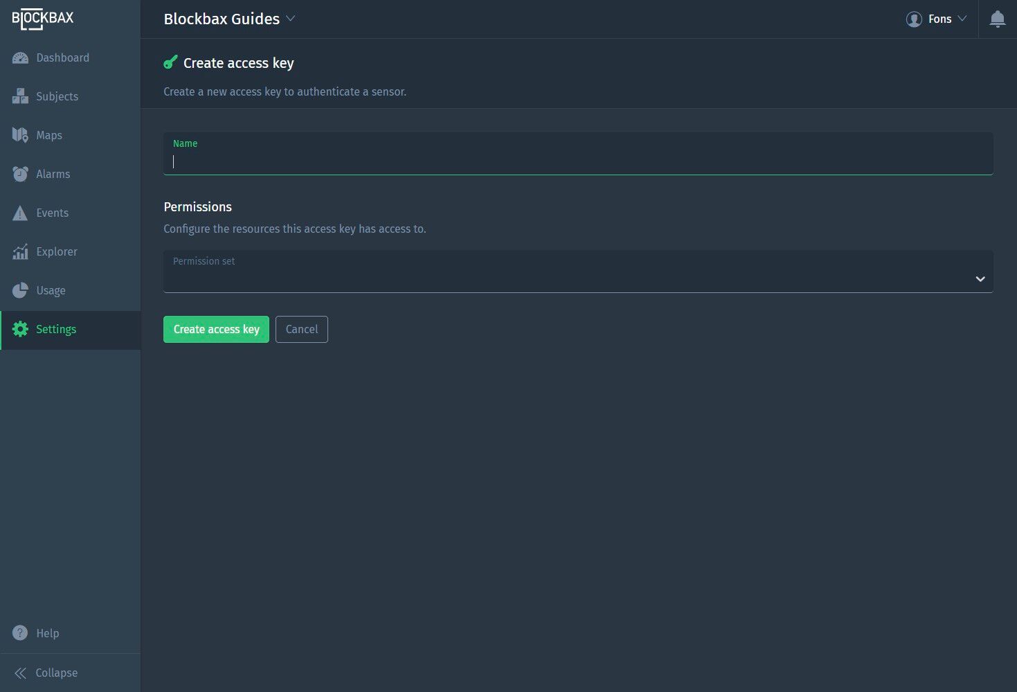 Creating an Access key | Blockbax
