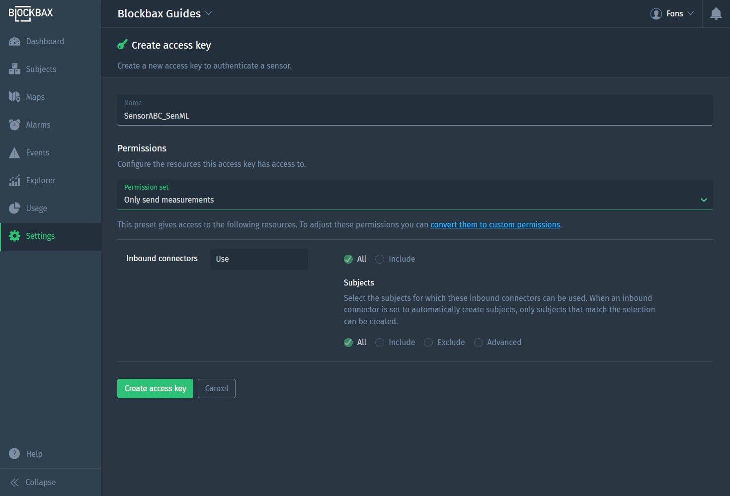 Creating an Access key | Blockbax