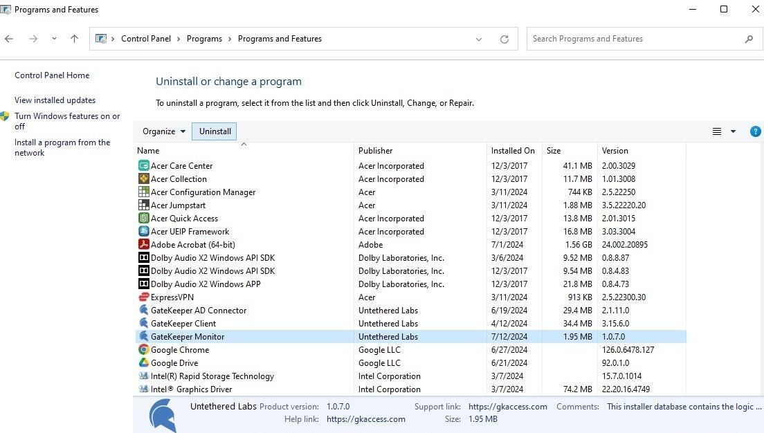 How to uninstall the GateKeeper Monitor application. – GateKeeper