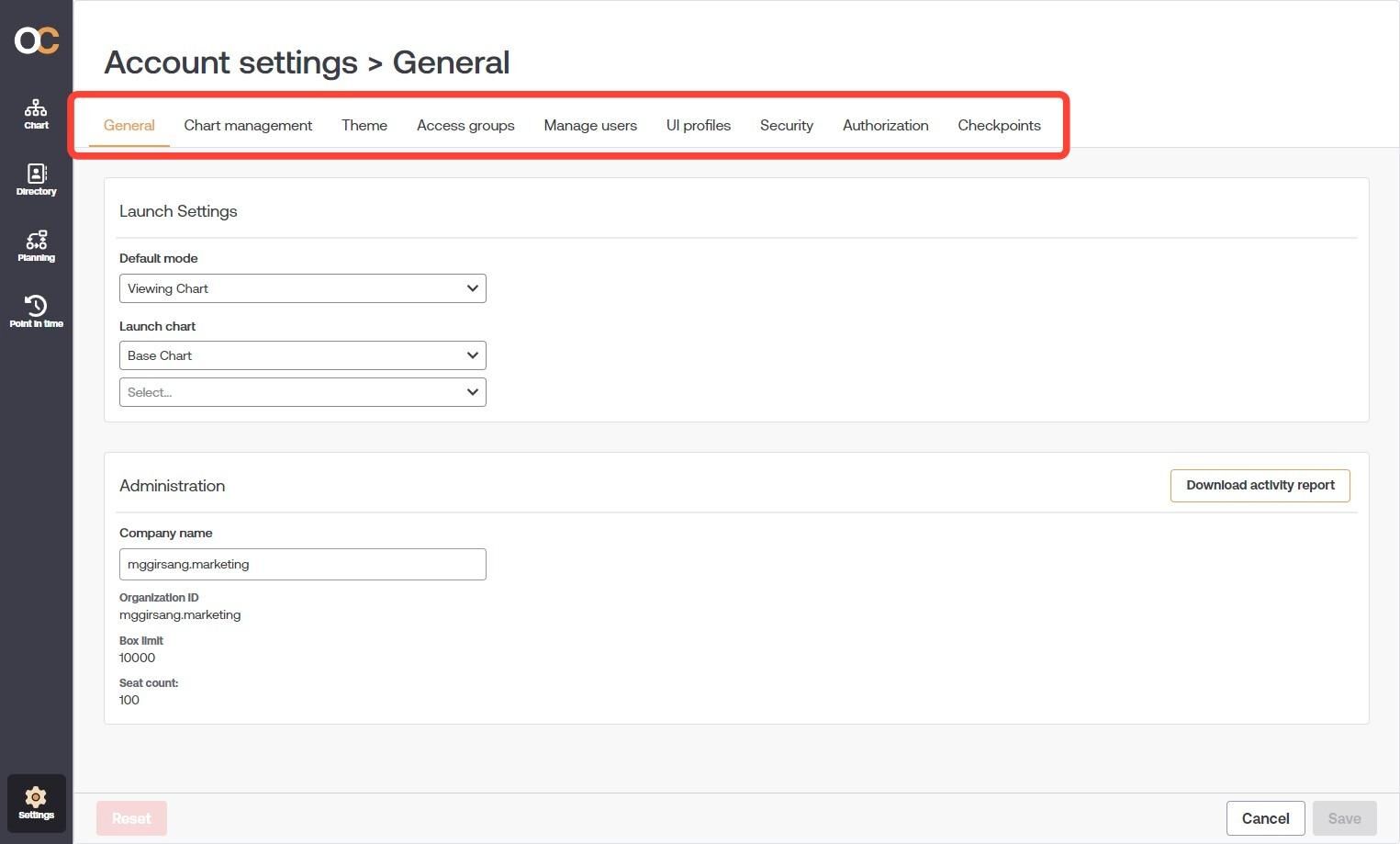 Account Settings Orgchart