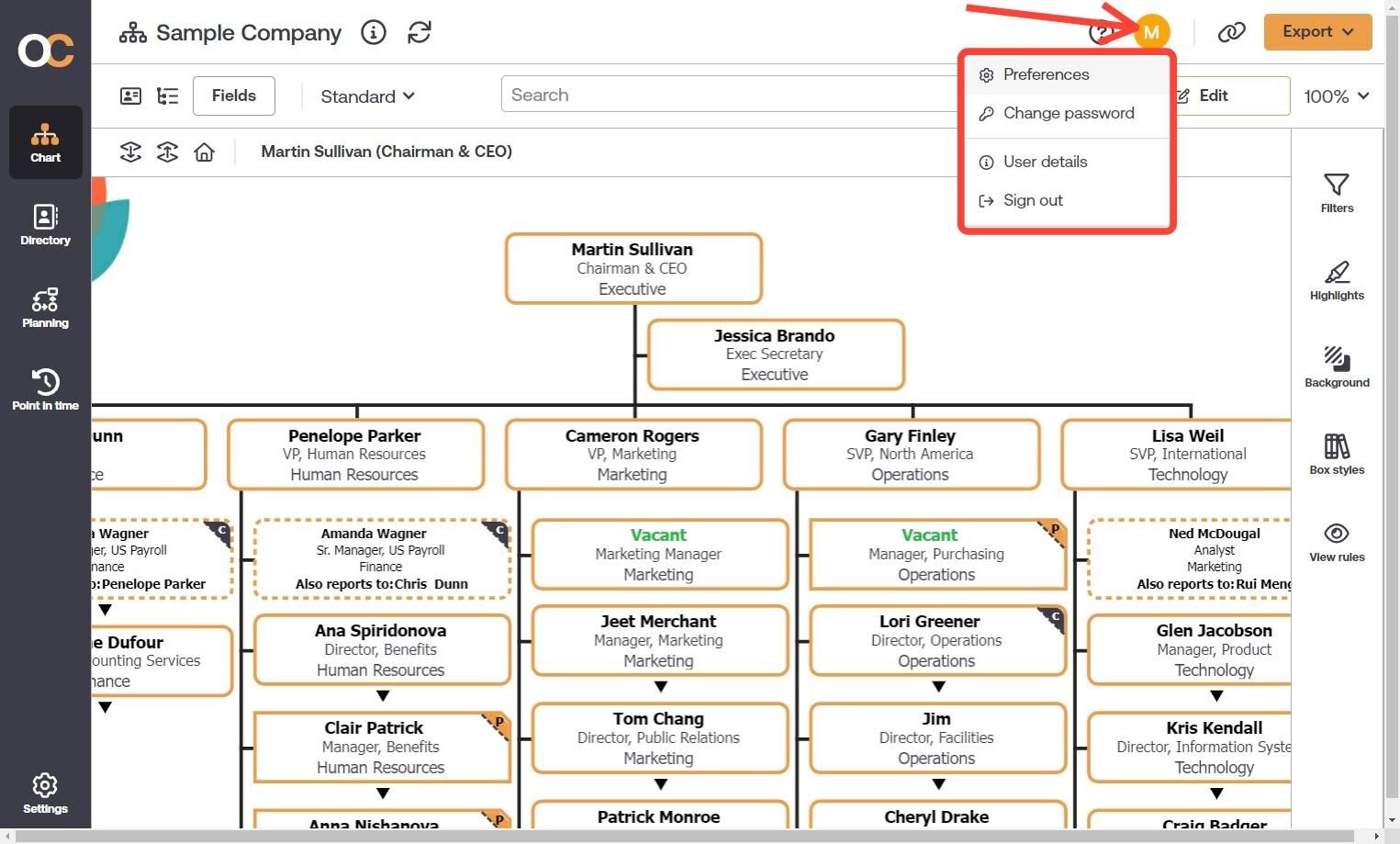 User Settings Orgchart