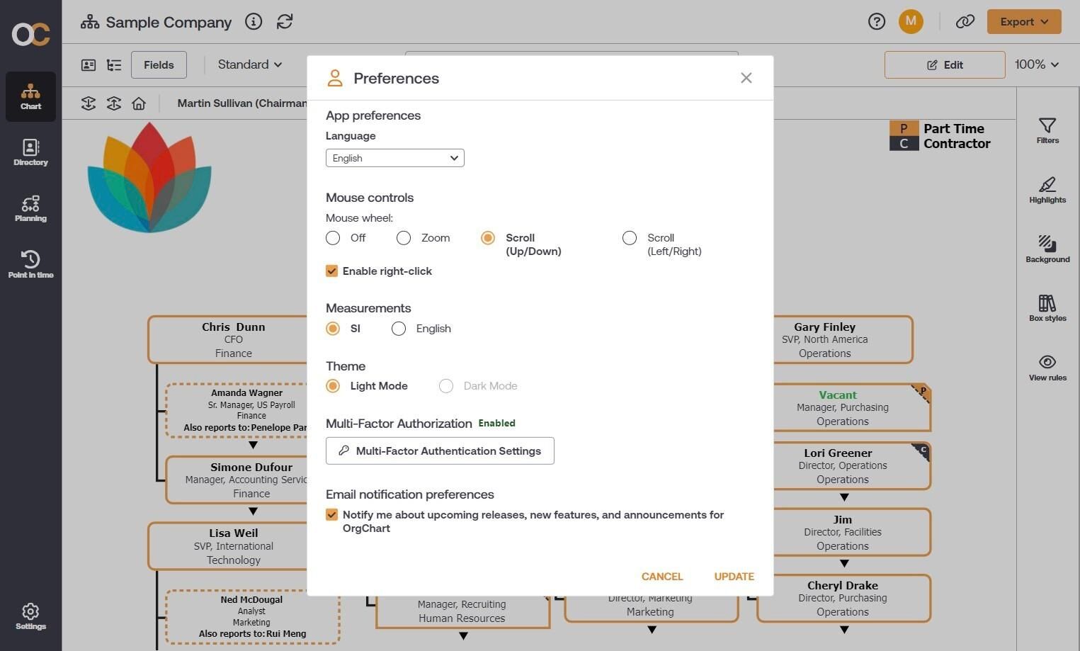 User Settings Orgchart