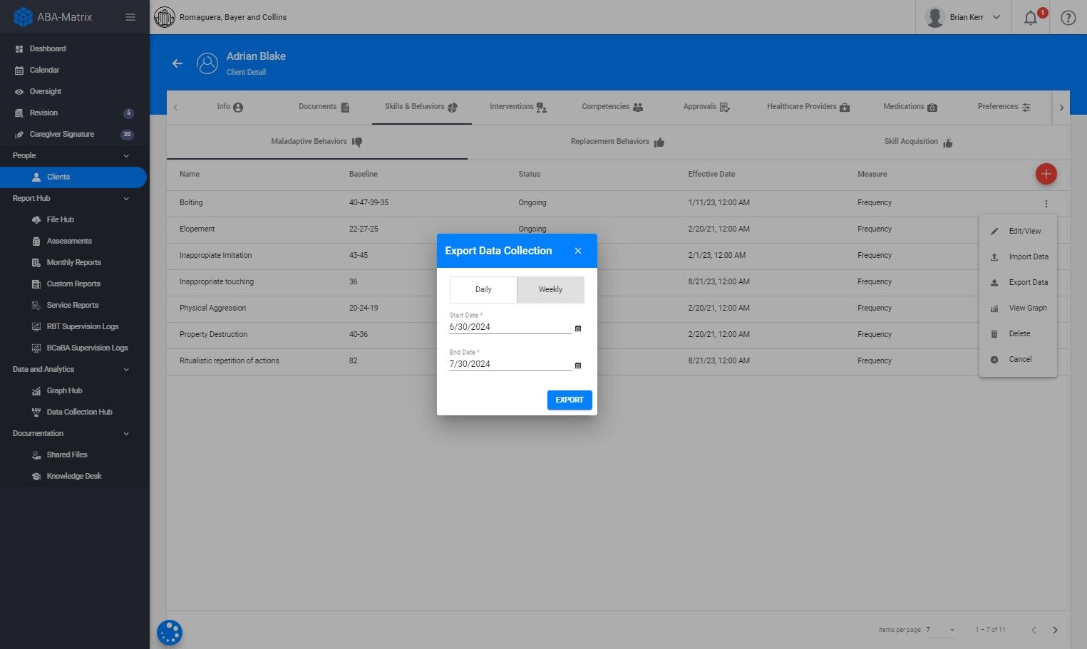 How to export Data Collection with Specific Date Range - ABA Matrix ...