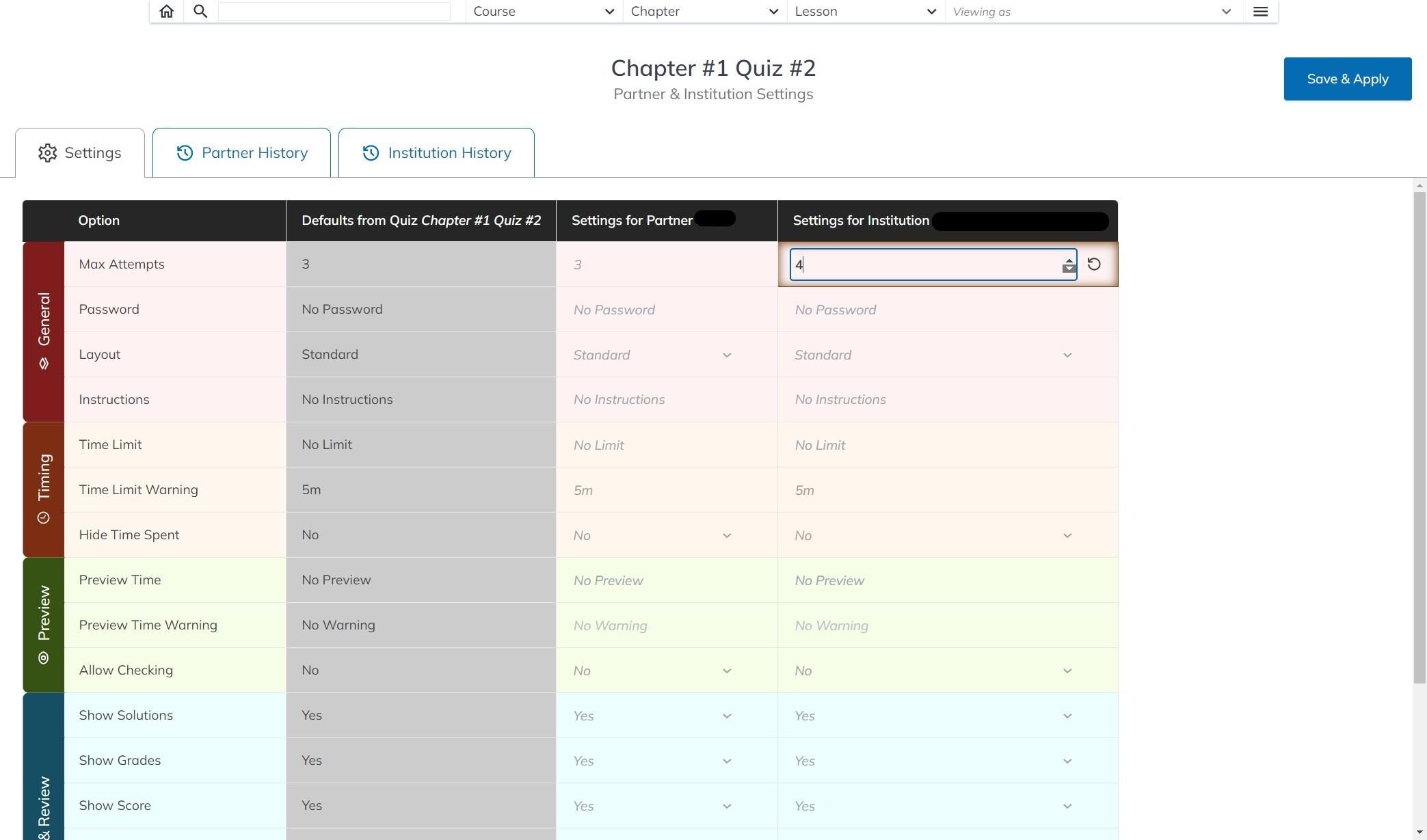 How to edit quiz settings on the institution level.