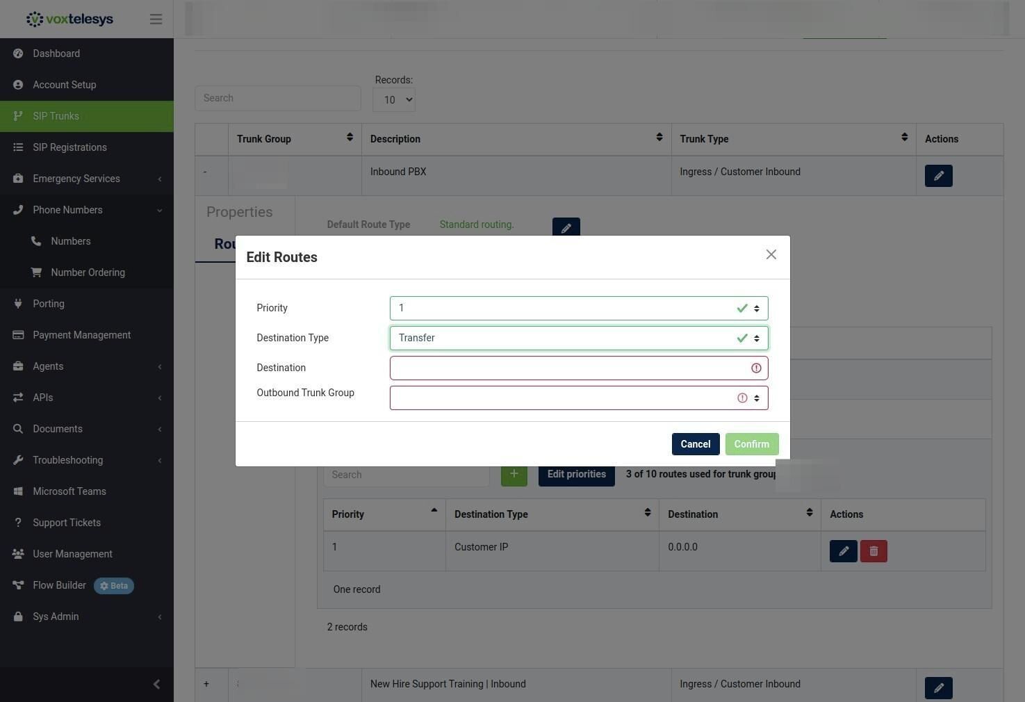 Creating a Primary Transfer Route | Voxtelesys