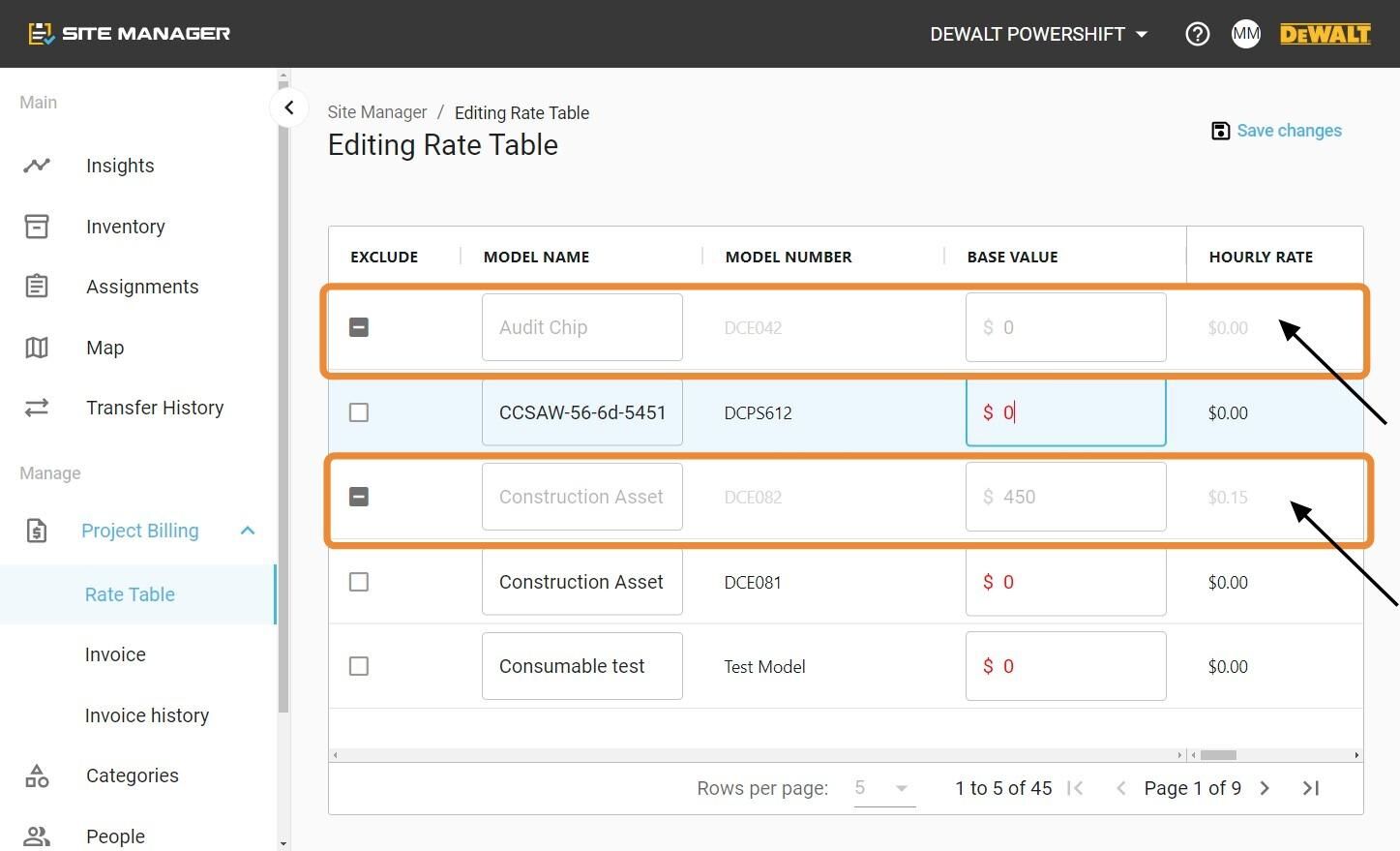 Project Billing > Rate Table – DEWALT