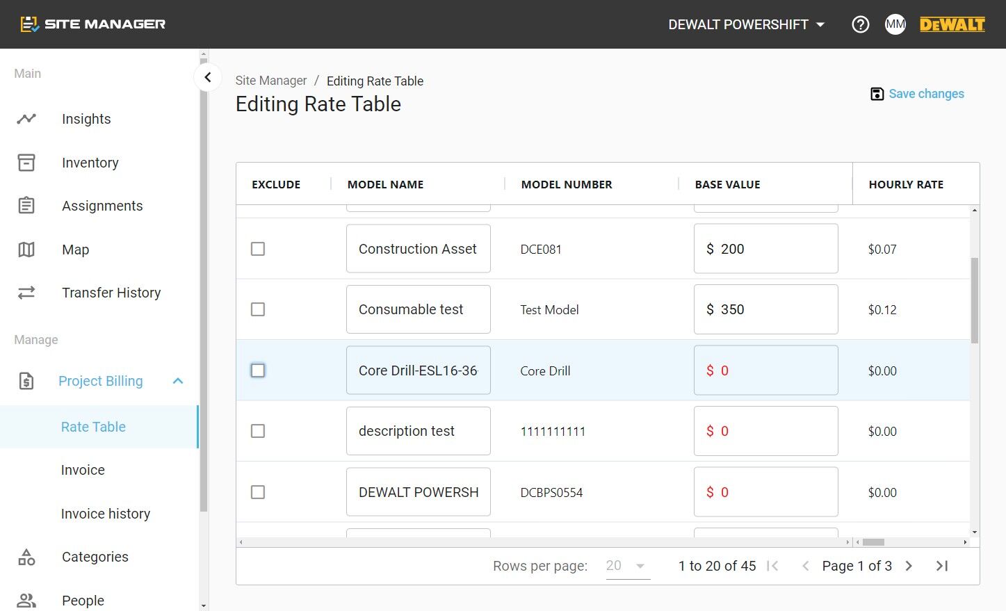 Project Billing > Rate Table – DEWALT