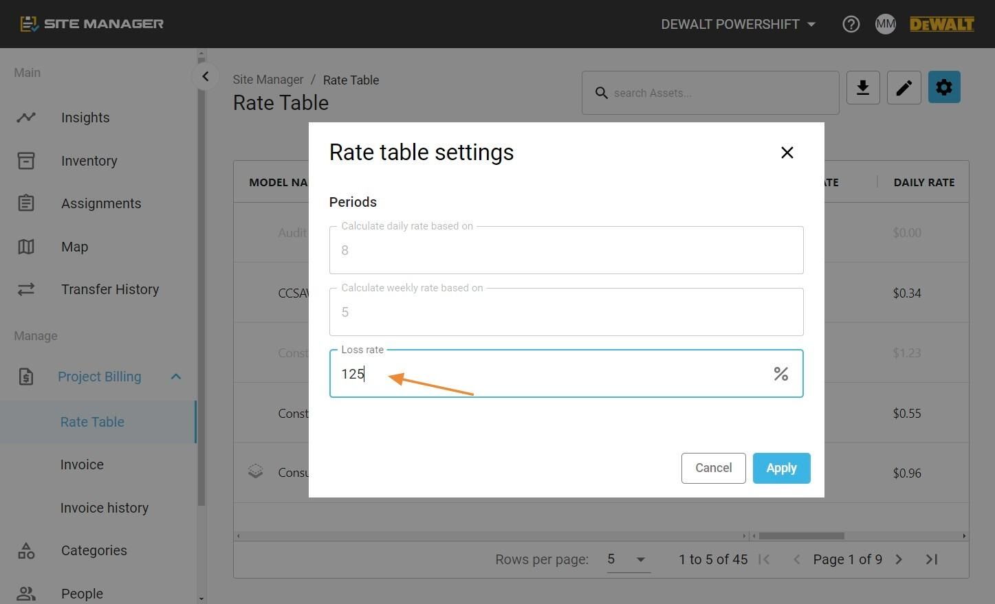Project Billing > Rate Table – DEWALT