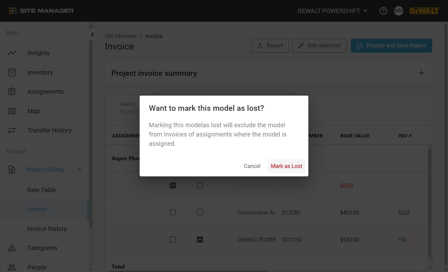 Project Billing > Invoice – DEWALT