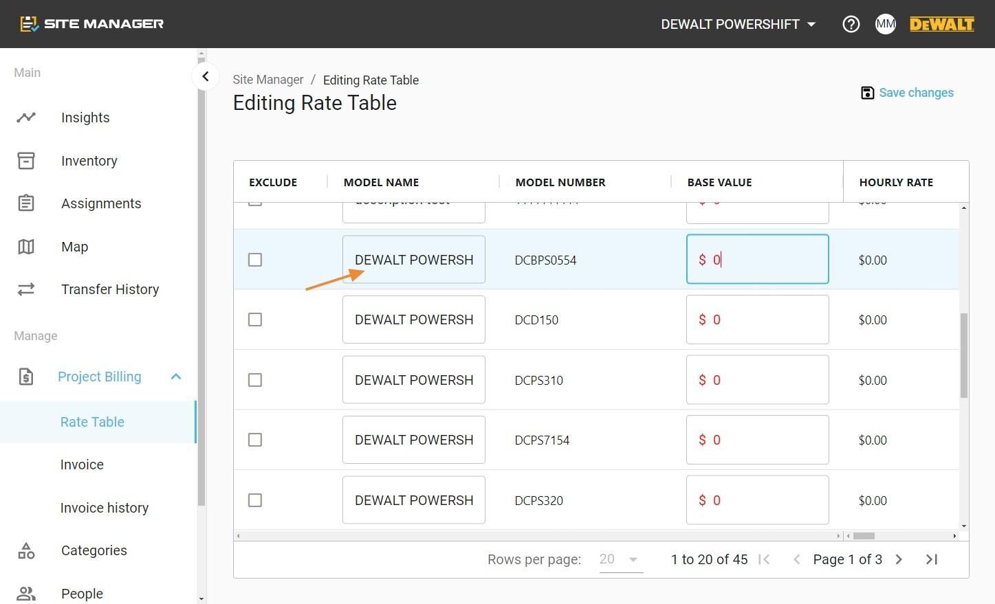 Project Billing > Rate Table – DEWALT