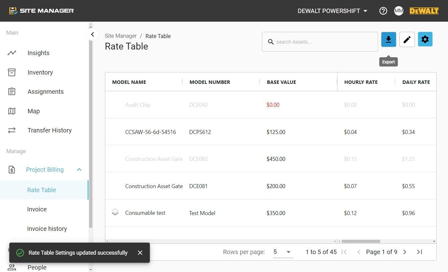 Project Billing > Rate Table – DEWALT
