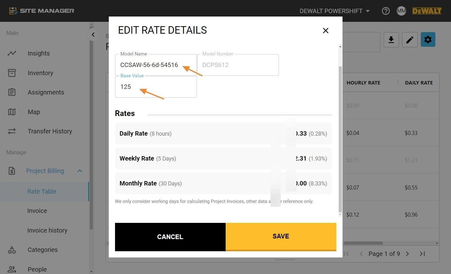 Project Billing > Rate Table – DEWALT