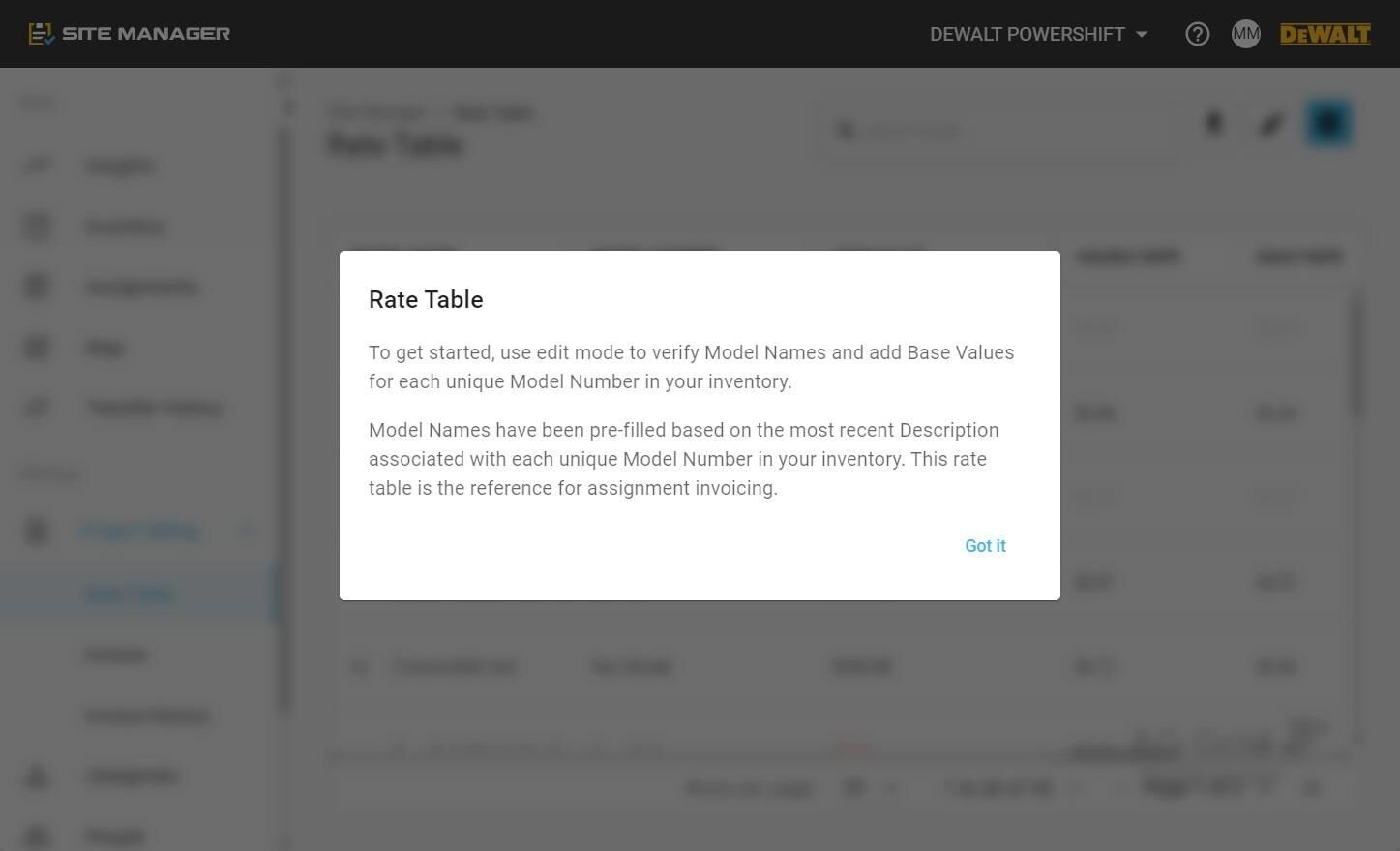 Project Billing > Rate Table – DEWALT
